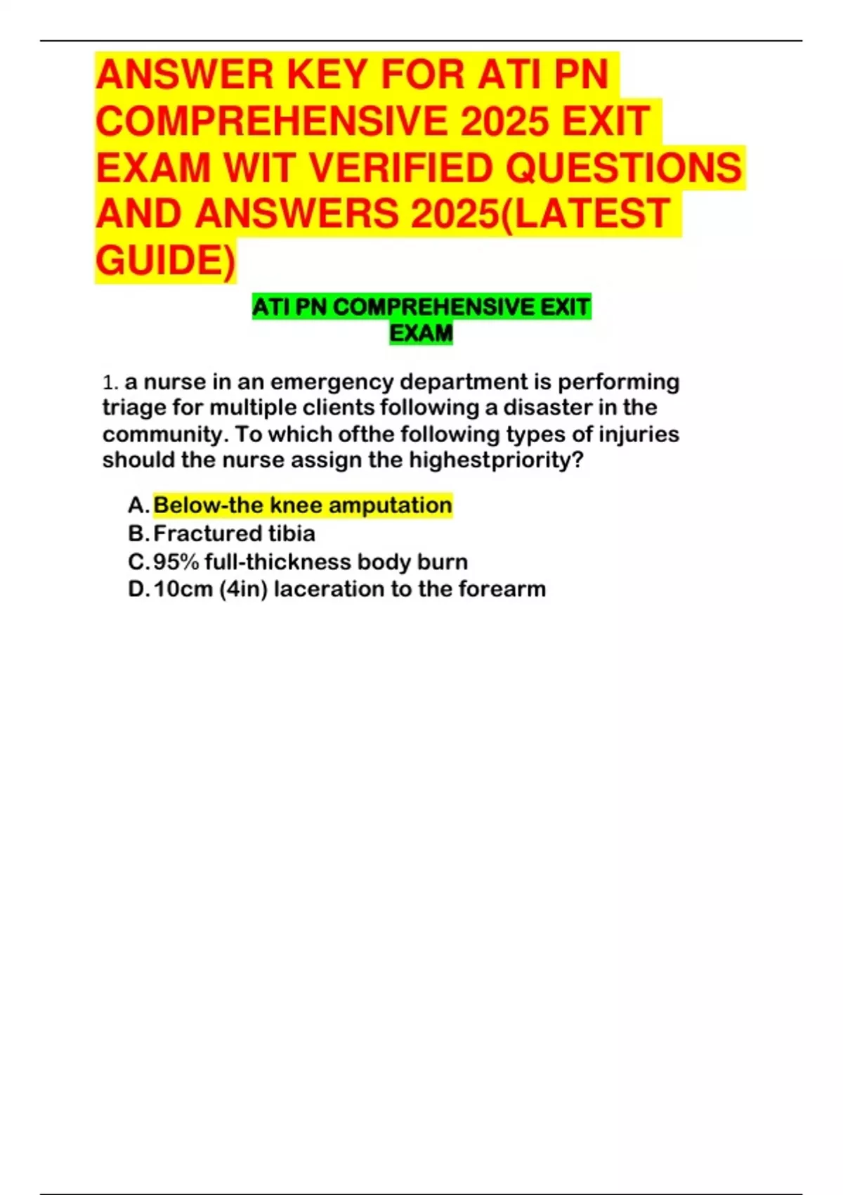 ANSWER KEY FOR ATI PN COMPREHENSIVE 2025 EXIT EXAM WIT VERIFIED ...