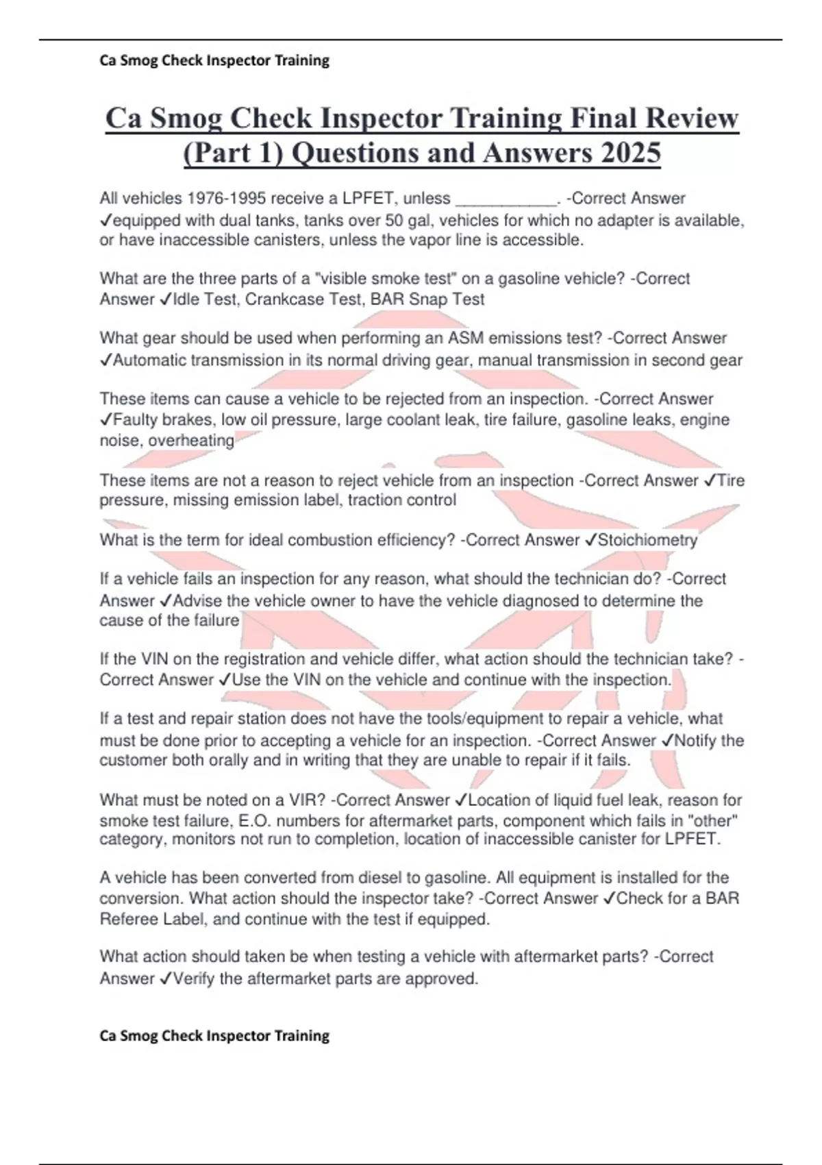 Ca Smog Check Inspector Training Final Review (Part 1) Questions and ...