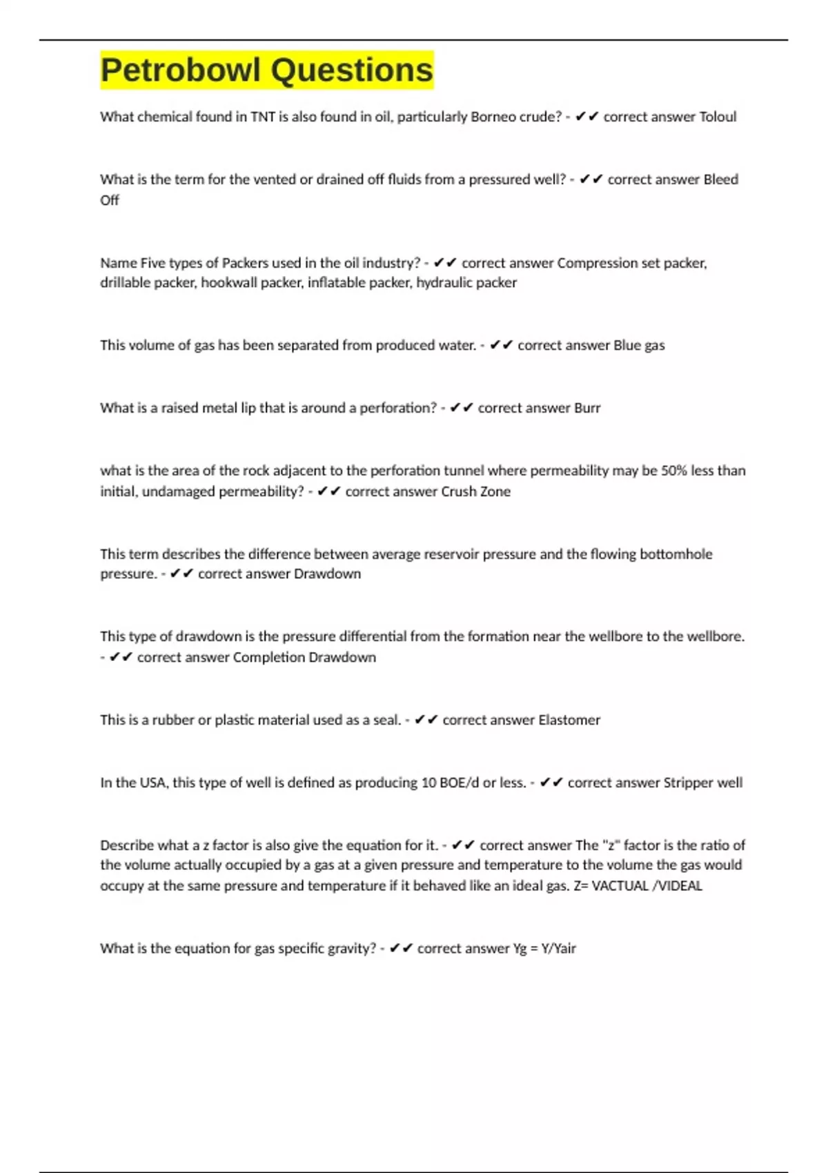 Petrobowl Questions and verified correct answers 2025 - Petro bowl ...