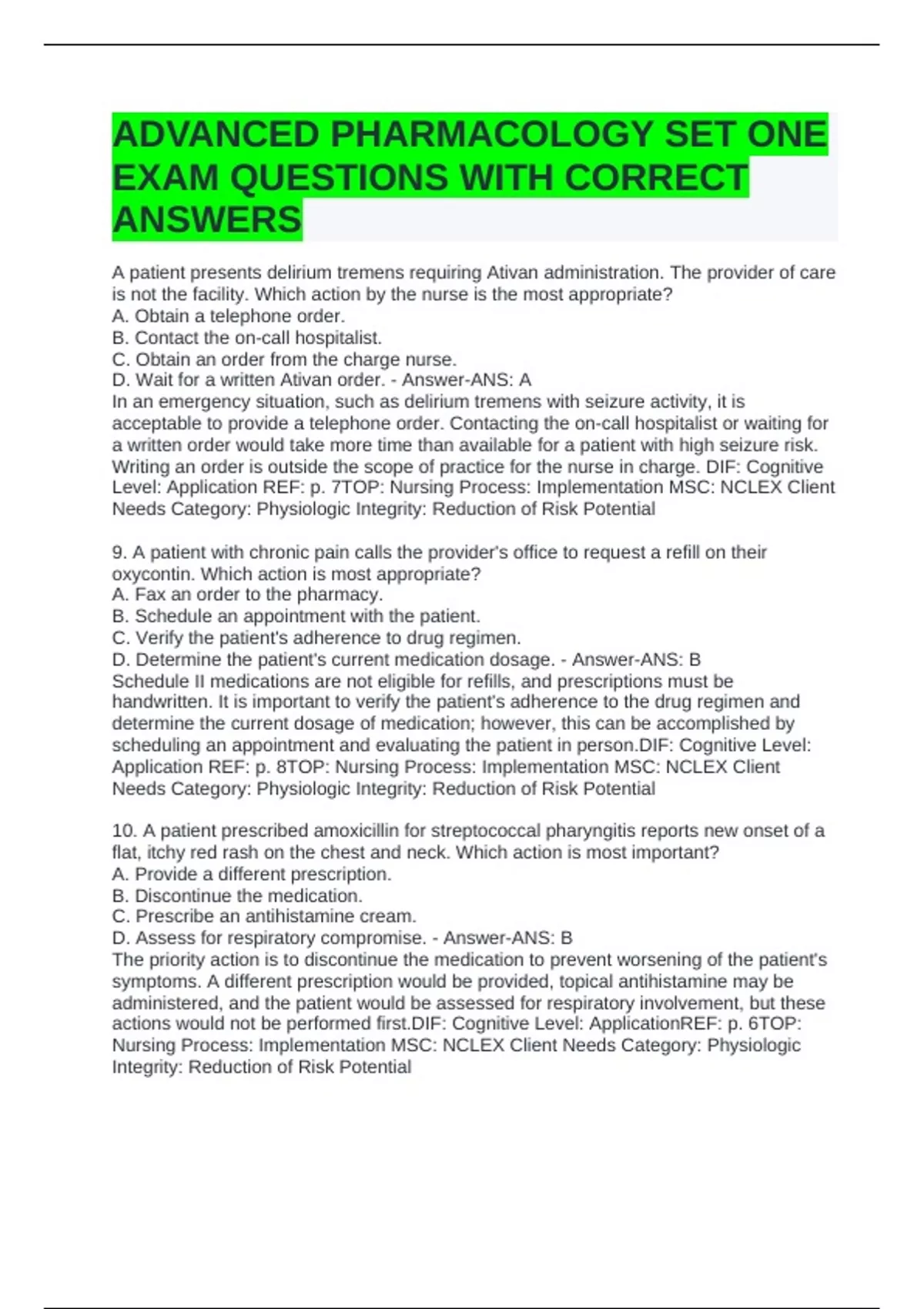 ADVANCED PHARMACOLOGY SET ONE EXAM QUESTIONS WITH CORRECT ANSWERS ...