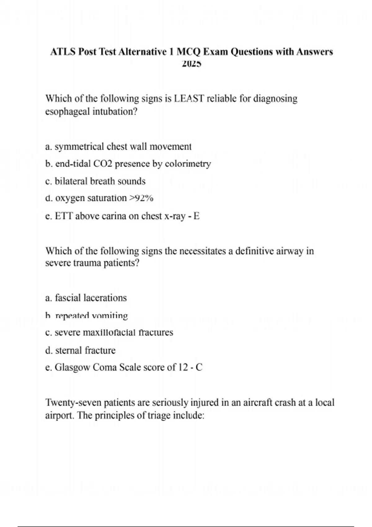 ATLS Post Test Alternative 1 MCQ Exam Questions with Answers 2025 ...