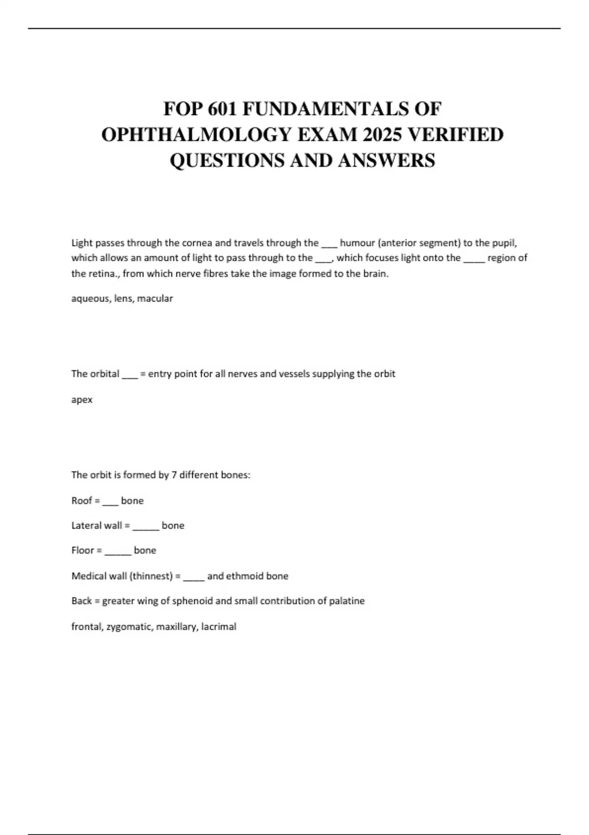 FOP 601 FUNDAMENTALS OF OPHTHALMOLOGY EXAM 2025 VERIFIED QUESTIONS AND ...