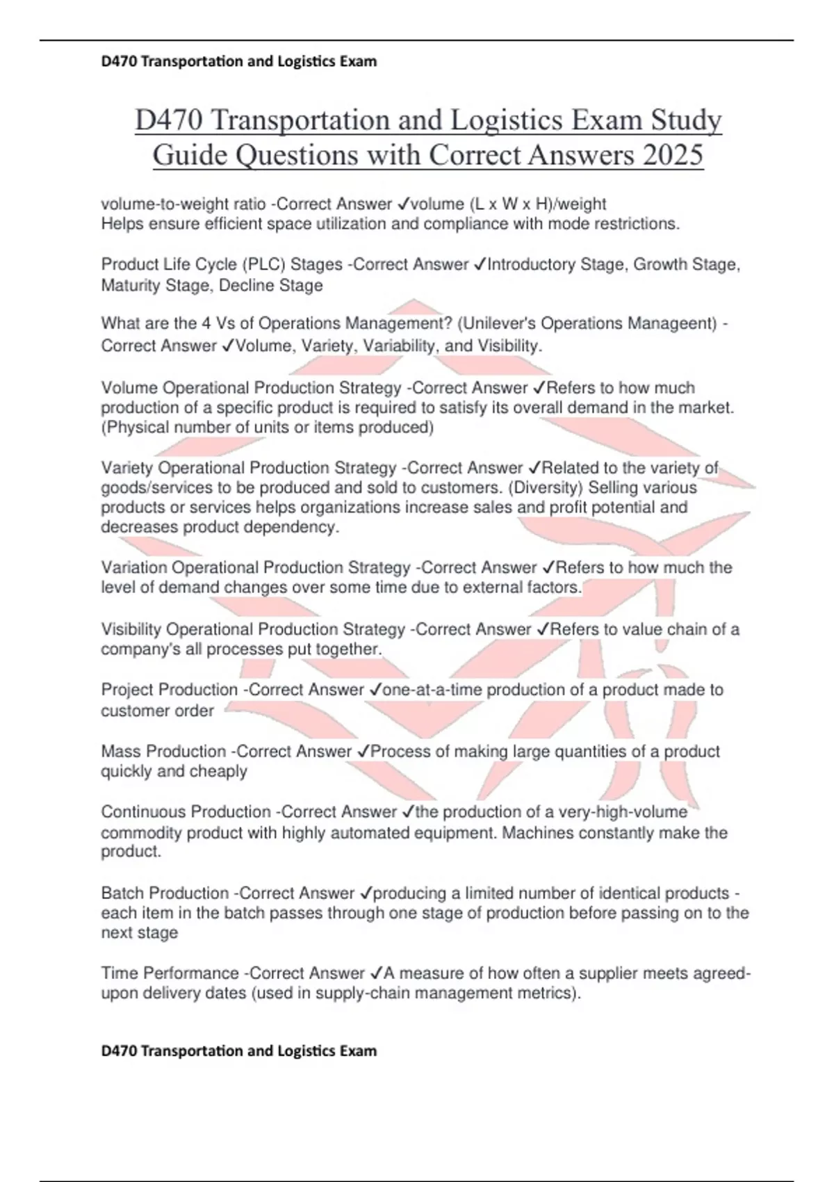 D470 Transportation and Logistics Exam Study Guide Questions with Correct Answers 2025 - D470 ...