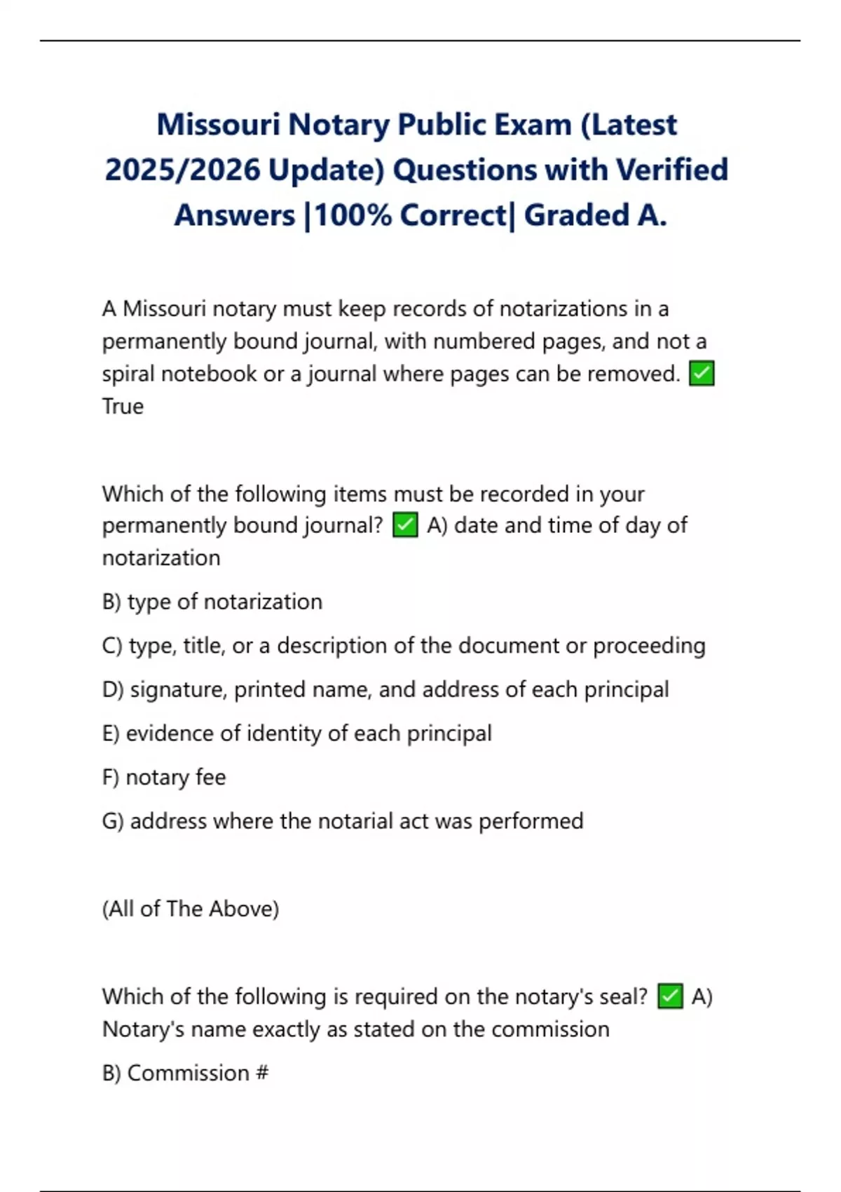 Missouri Notary Public Exam (Latest 2025/2026 Update) Questions with ...