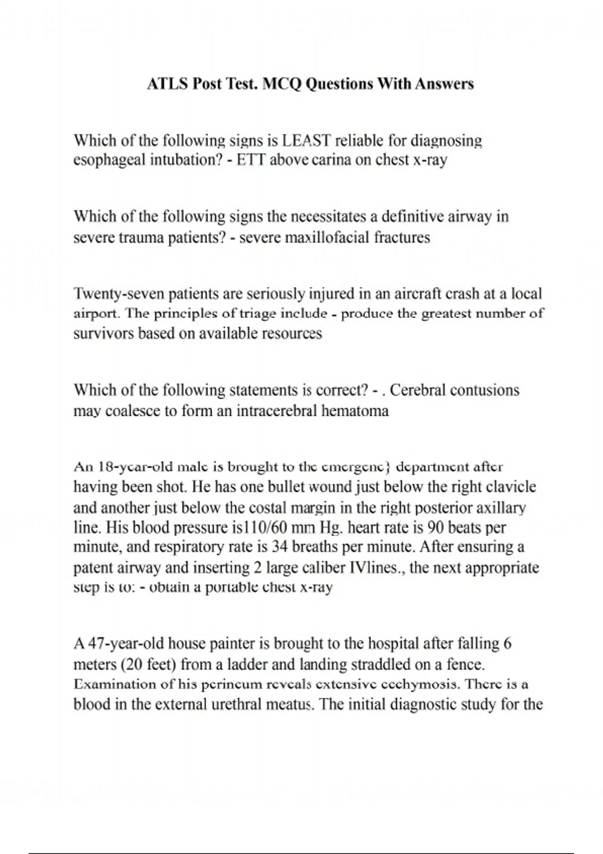 ATLS Post Test. MCQ Questions With Answers - Advanced Life Support ATLS ...