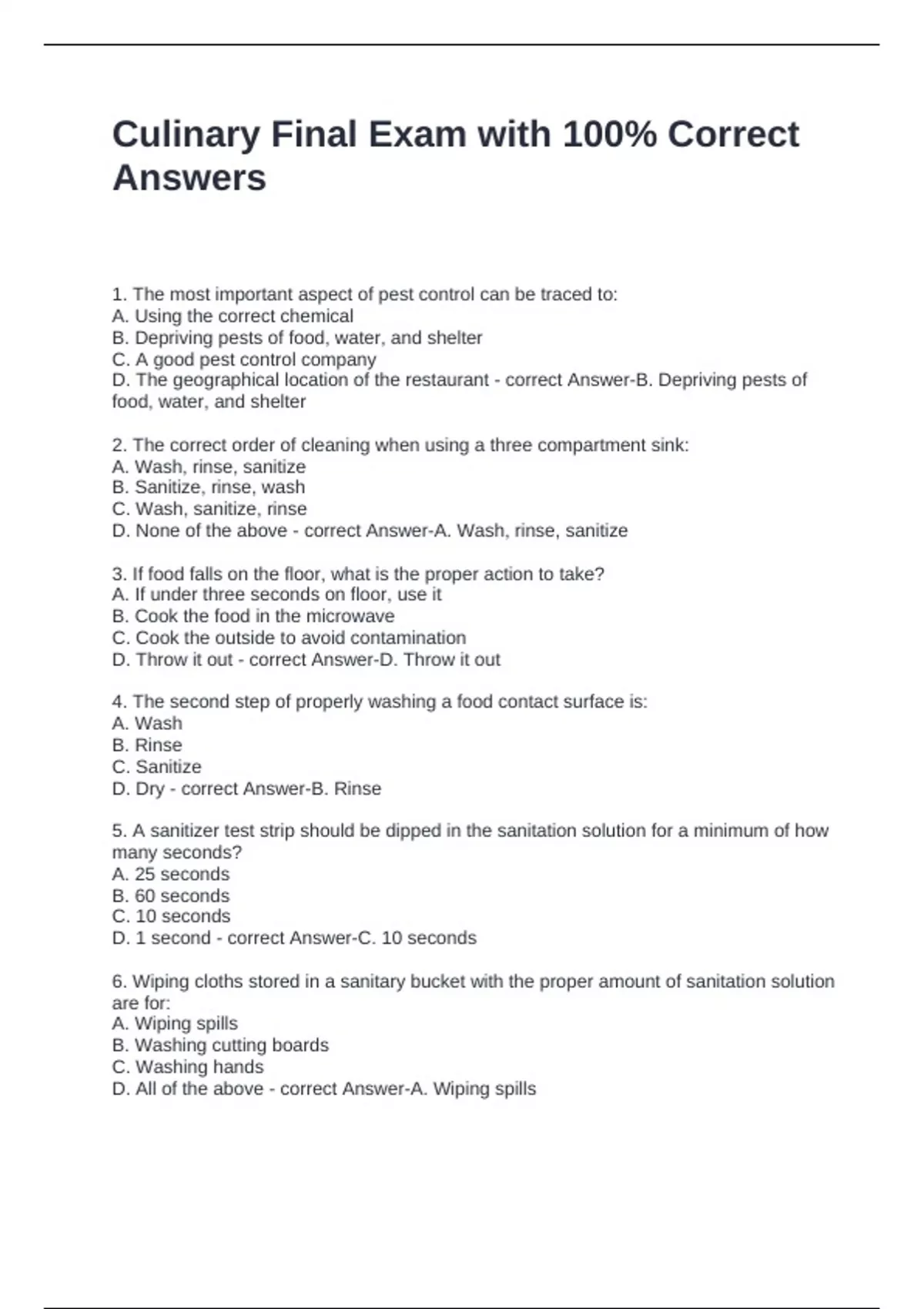 Culinary Final Exam with 100% Correct Answers - Culinary Arts - Stuvia US