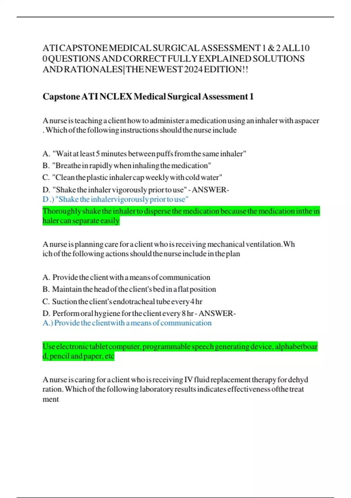 ATI CAPSTONE MEDICAL SURGICAL ASSESSMENT ALL 100 QUESTIONS AND CORRECT ...
