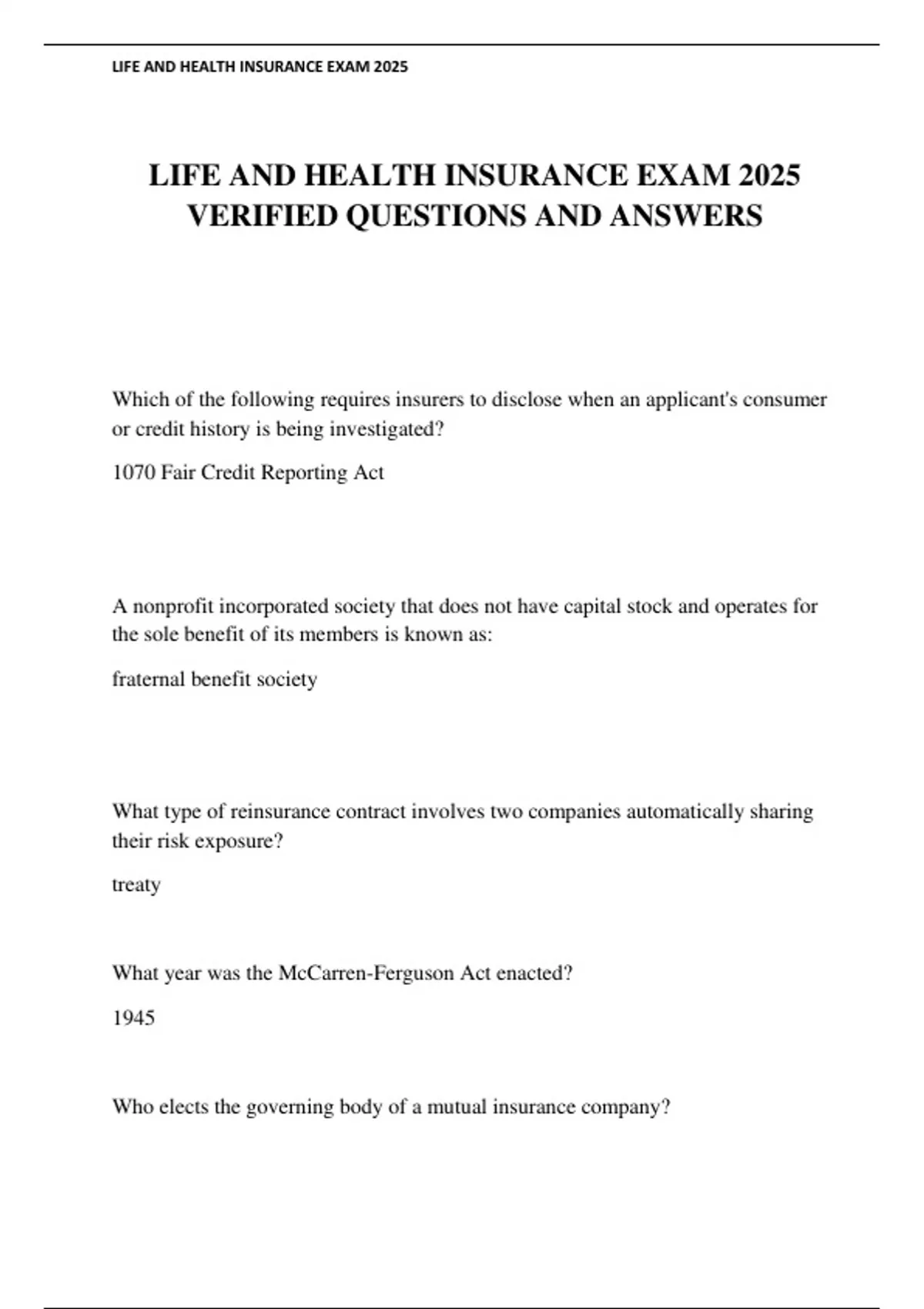 LIFE AND HEALTH INSURANCE EXAM 2025 VERIFIED QUESTIONS AND ANSWERS ...