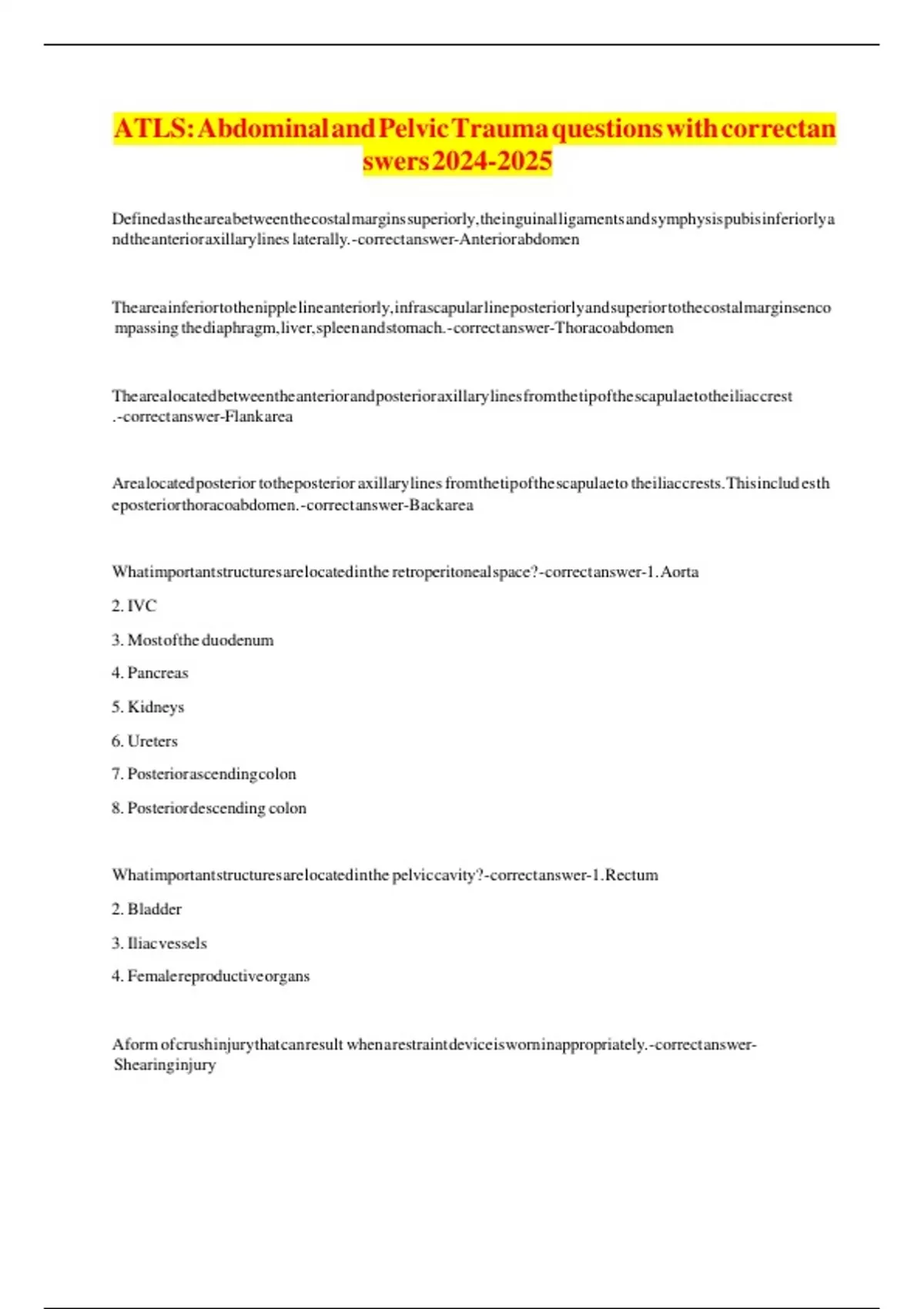 ATLS Abdominal and Pelvic Trauma questions with correct answers - ATLS ...