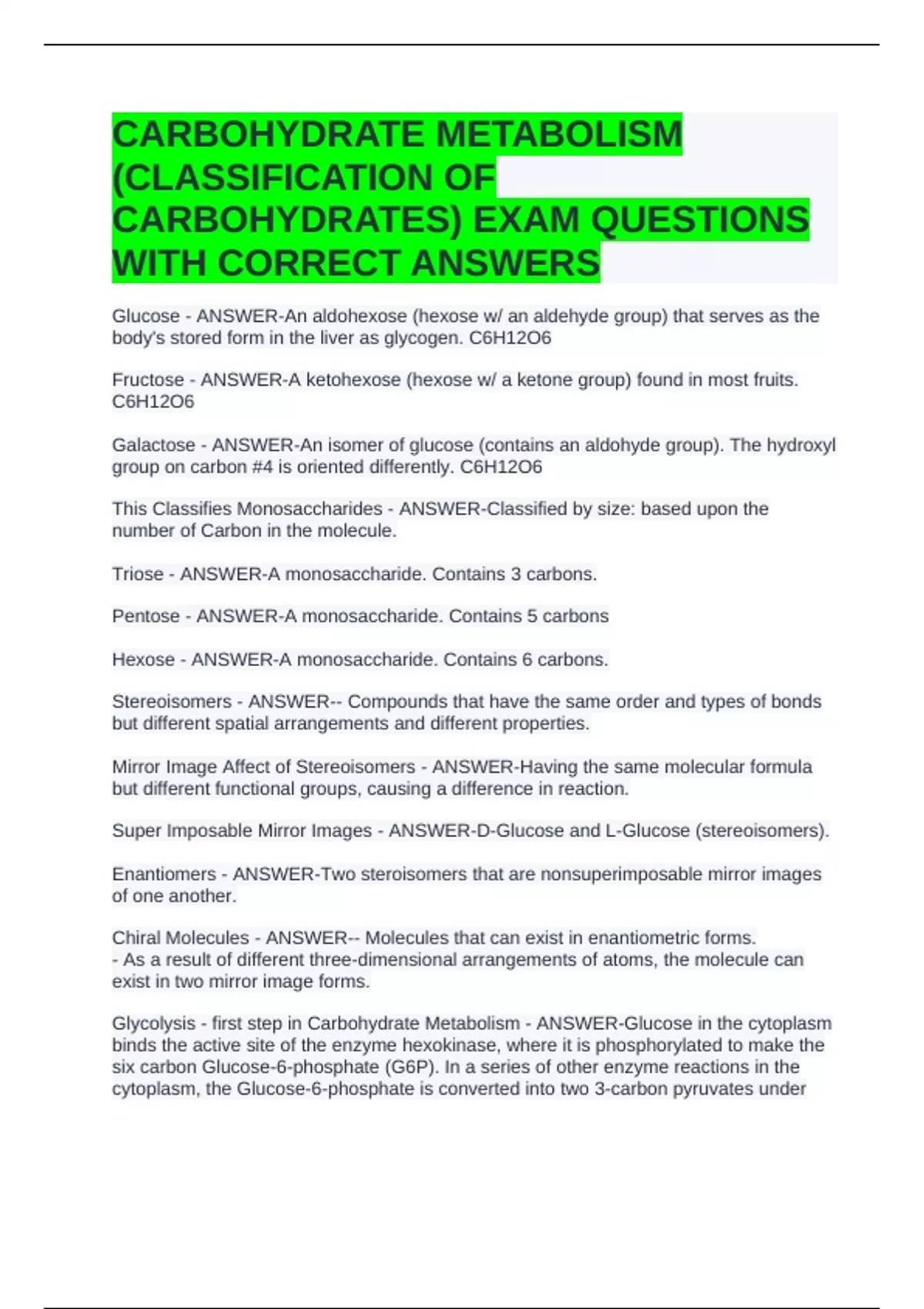 CARBOHYDRATE METABOLISM (CLASSIFICATION OF CARBOHYDRATES) EXAM ...