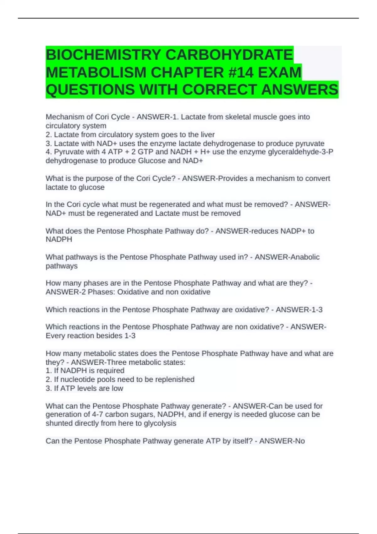 BIOCHEMISTRY CARBOHYDRATE METABOLISM CHAPTER #14 EXAM QUESTIONS WITH ...