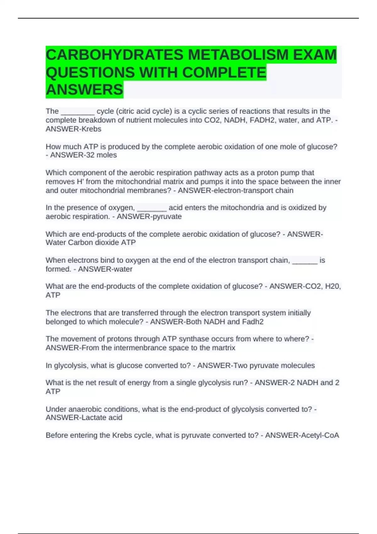 CARBOHYDRATES METABOLISM EXAM QUESTIONS WITH COMPLETE ANSWERS ...