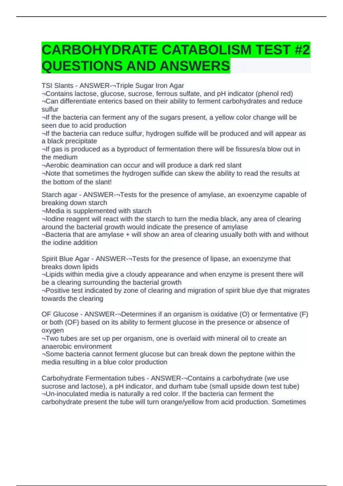 CARBOHYDRATE CATABOLISM TEST #2 QUESTIONS AND ANSWERS - CARBOHYDRATE ...