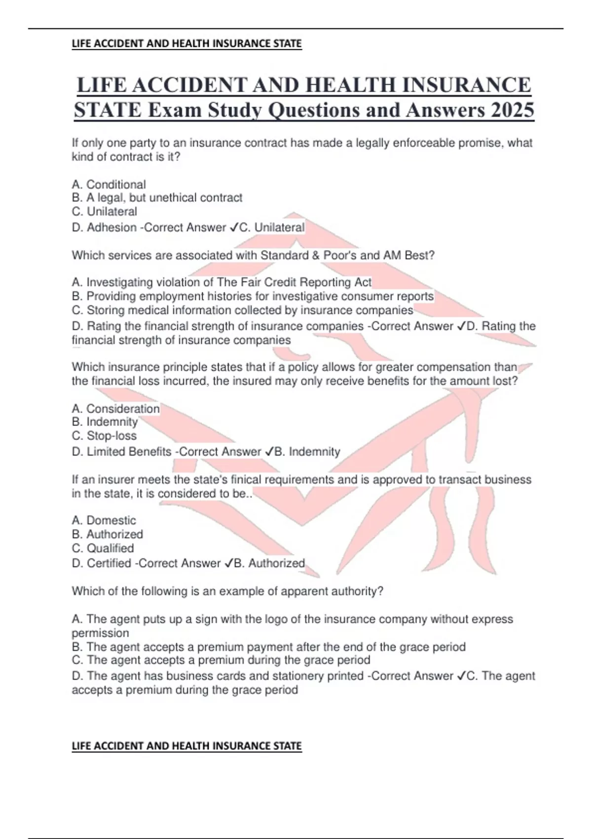 LIFE ACCIDENT AND HEALTH INSURANCE STATE Exam Study Questions and ...