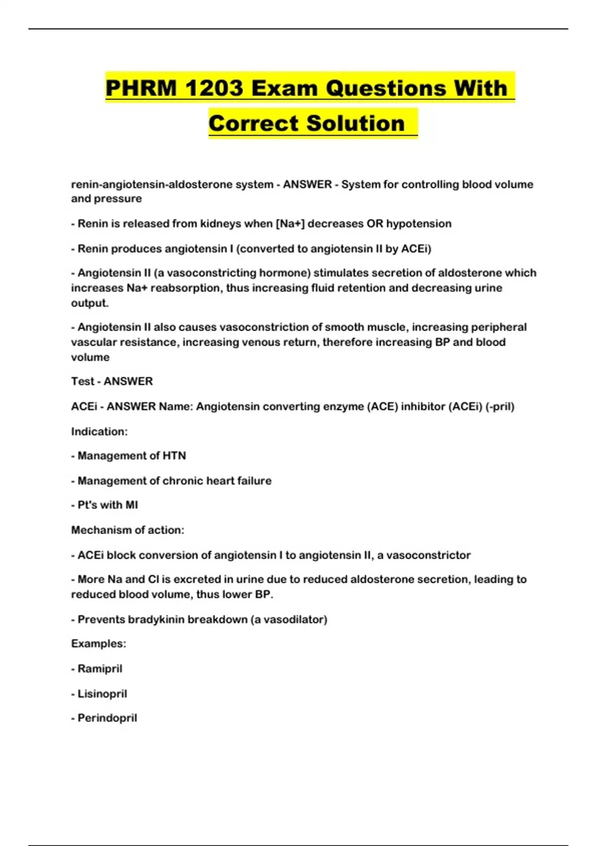 PHRM 1203 Exam Questions With Correct Solution - PHRM 1203 - Stuvia US