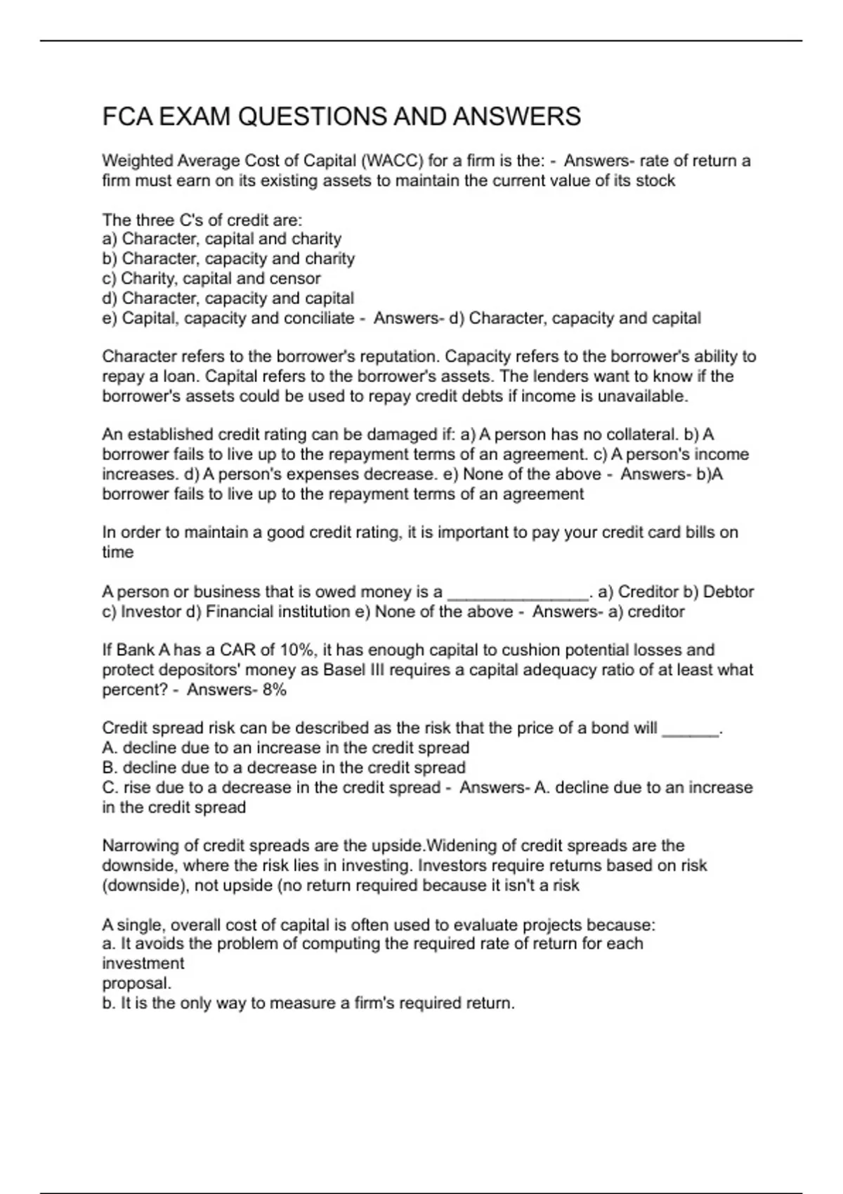 FCA EXAM QUESTIONS AND ANSWERS - FCA - Stuvia US