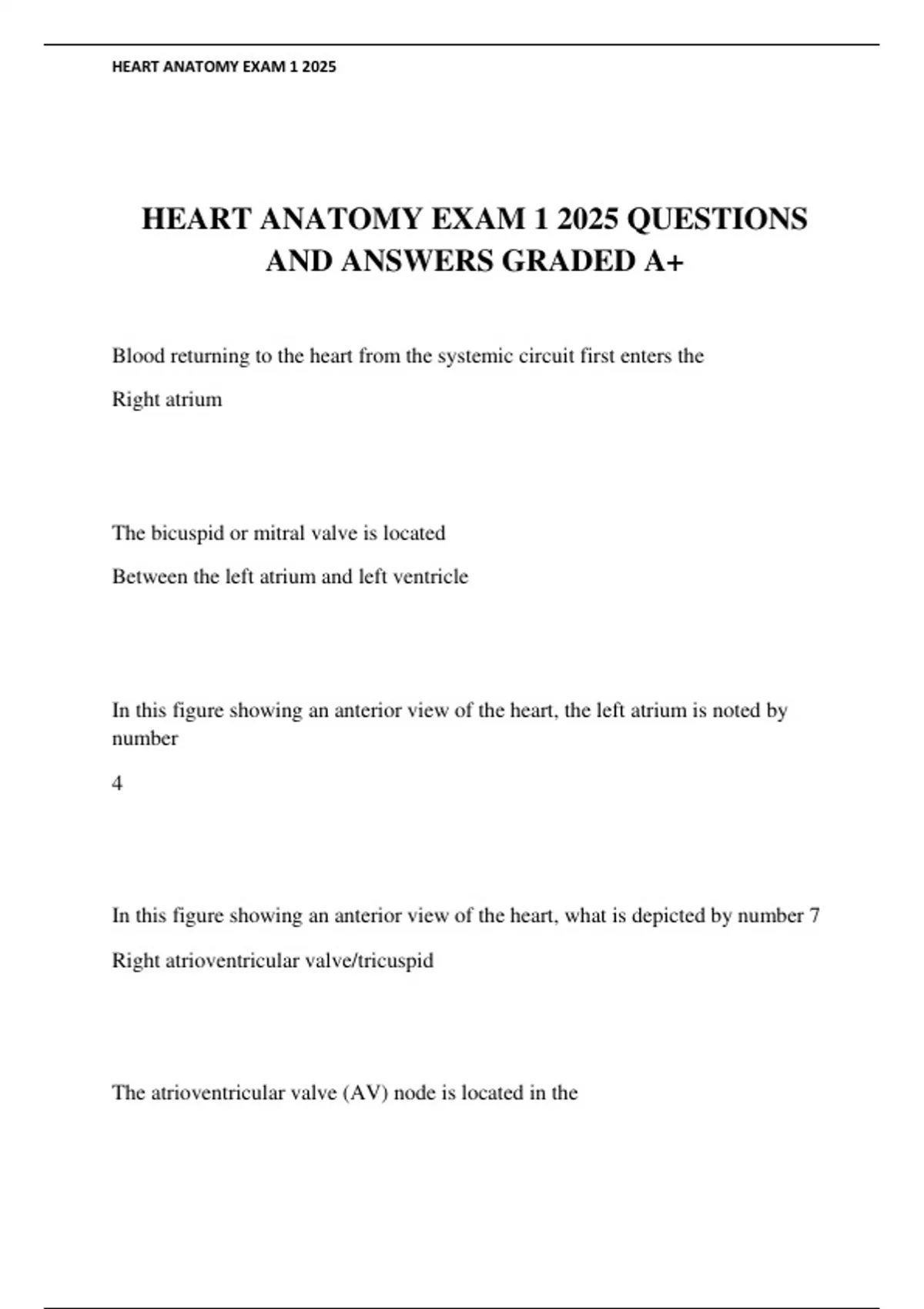 HEART ANATOMY EXAM 1 2025 QUESTIONS AND ANSWERS GRADED A+ - HEART ...