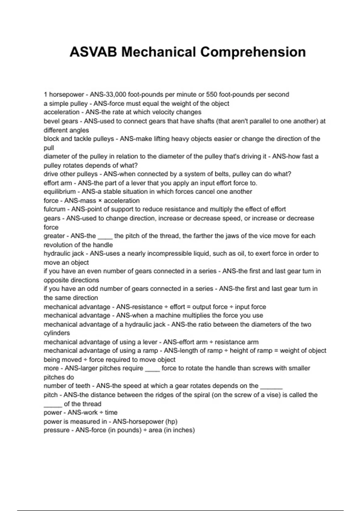 ASVAB Mechanical Comprehension NEWEST 2025/2026 ACTUAL EXAM COMPLETE ...