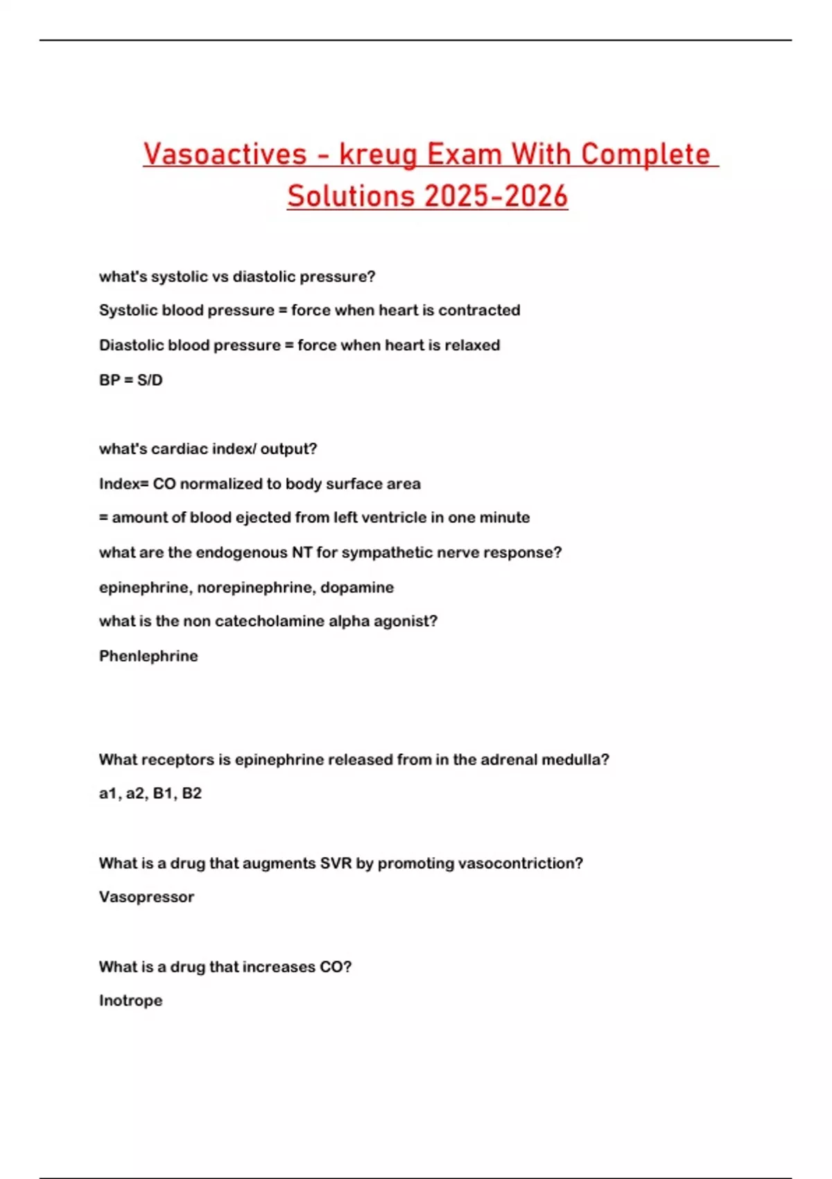 Vasoactives - kreug Exam With Complete Solutions - Vasoactives - kreug - Stuvia US