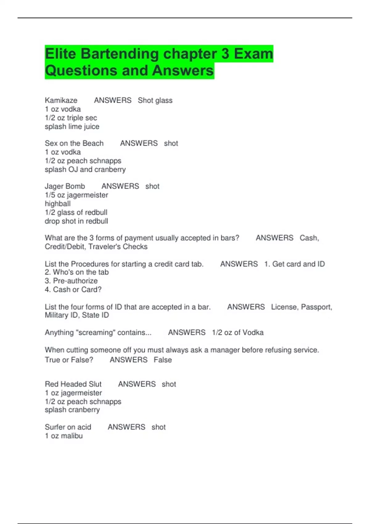 Elite Bartending chapter 3 Exam Questions and Answers - Elite ...