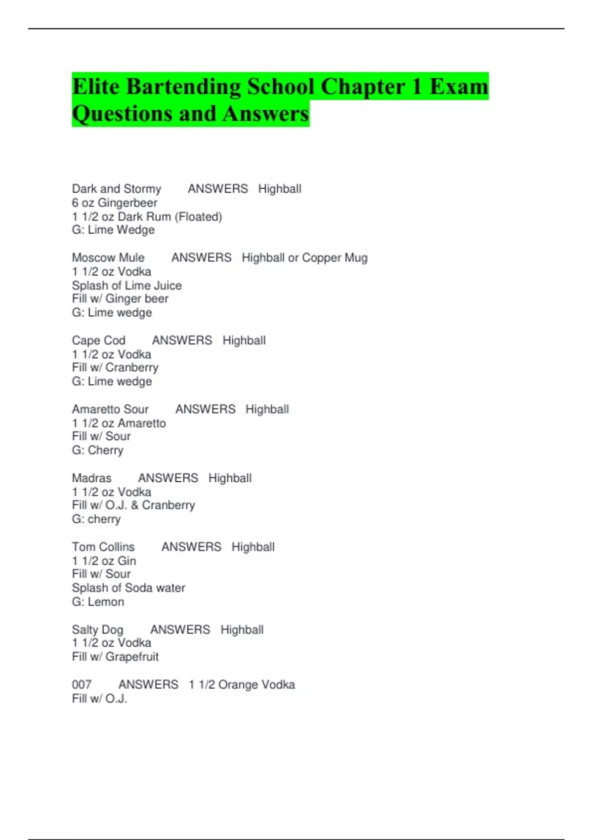 Elite Bartending School Chapter 1 Exam Questions and Answers - Elite ...