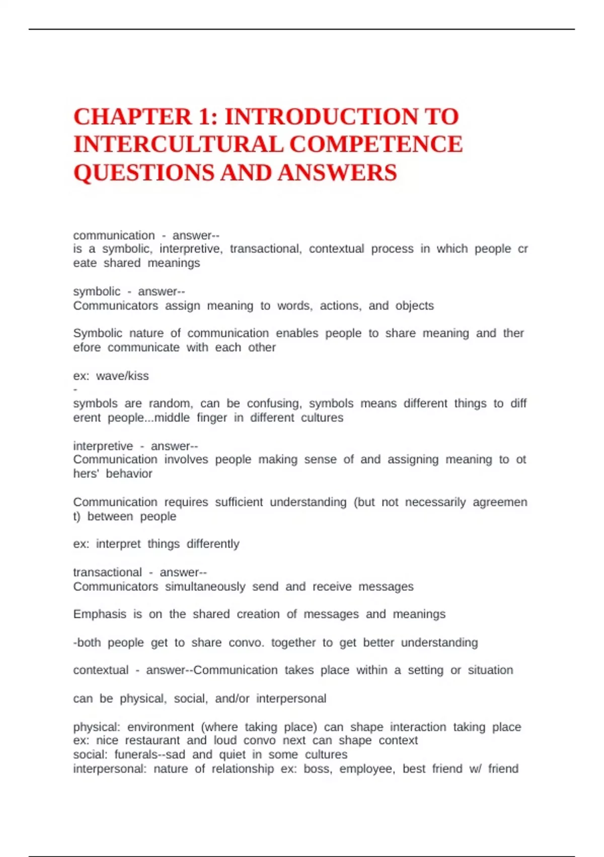 CHAPTER 1: INTRODUCTION TO INTERCULTURAL COMPETENCE QUESTIONS AND ANSWERS - Intercultural ...
