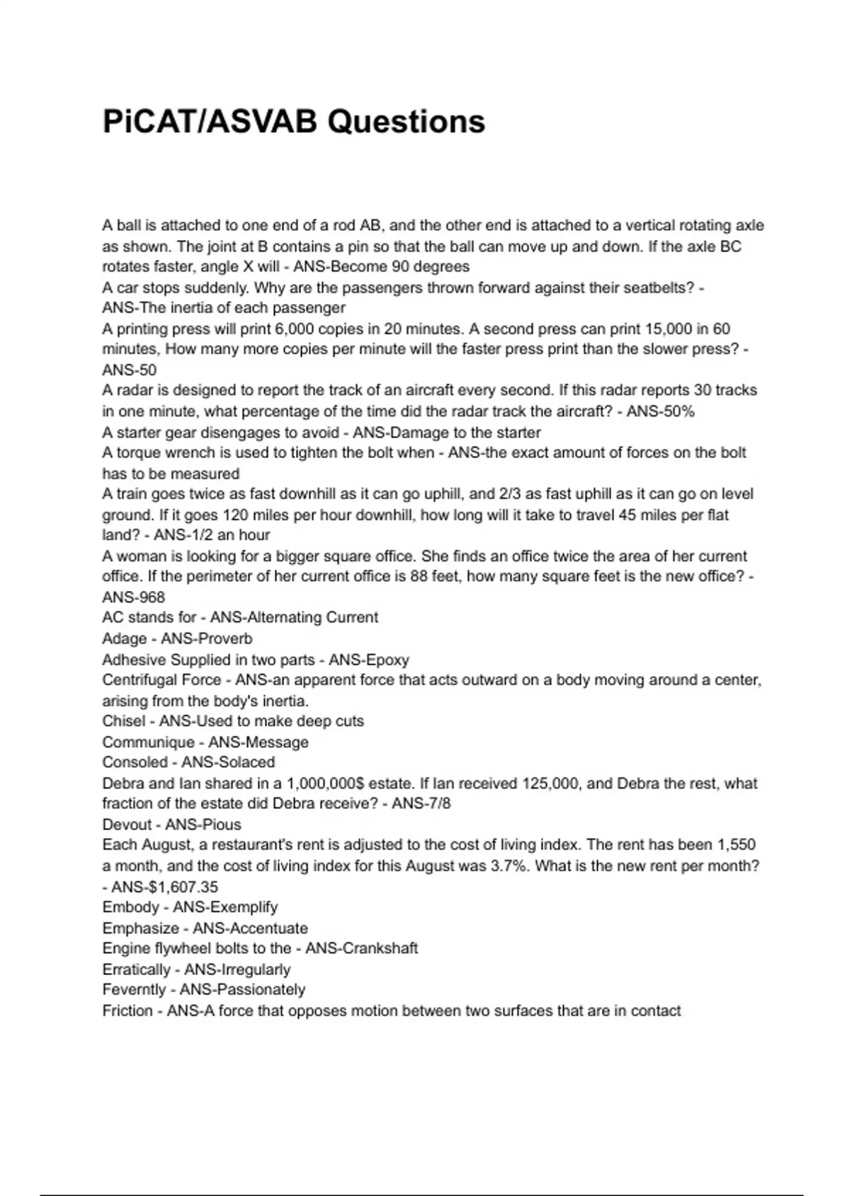 PiCAT/ASVAB Questions NEWEST 2025/2026 ACTUAL EXAM COMPLETE QUESTIONS ...