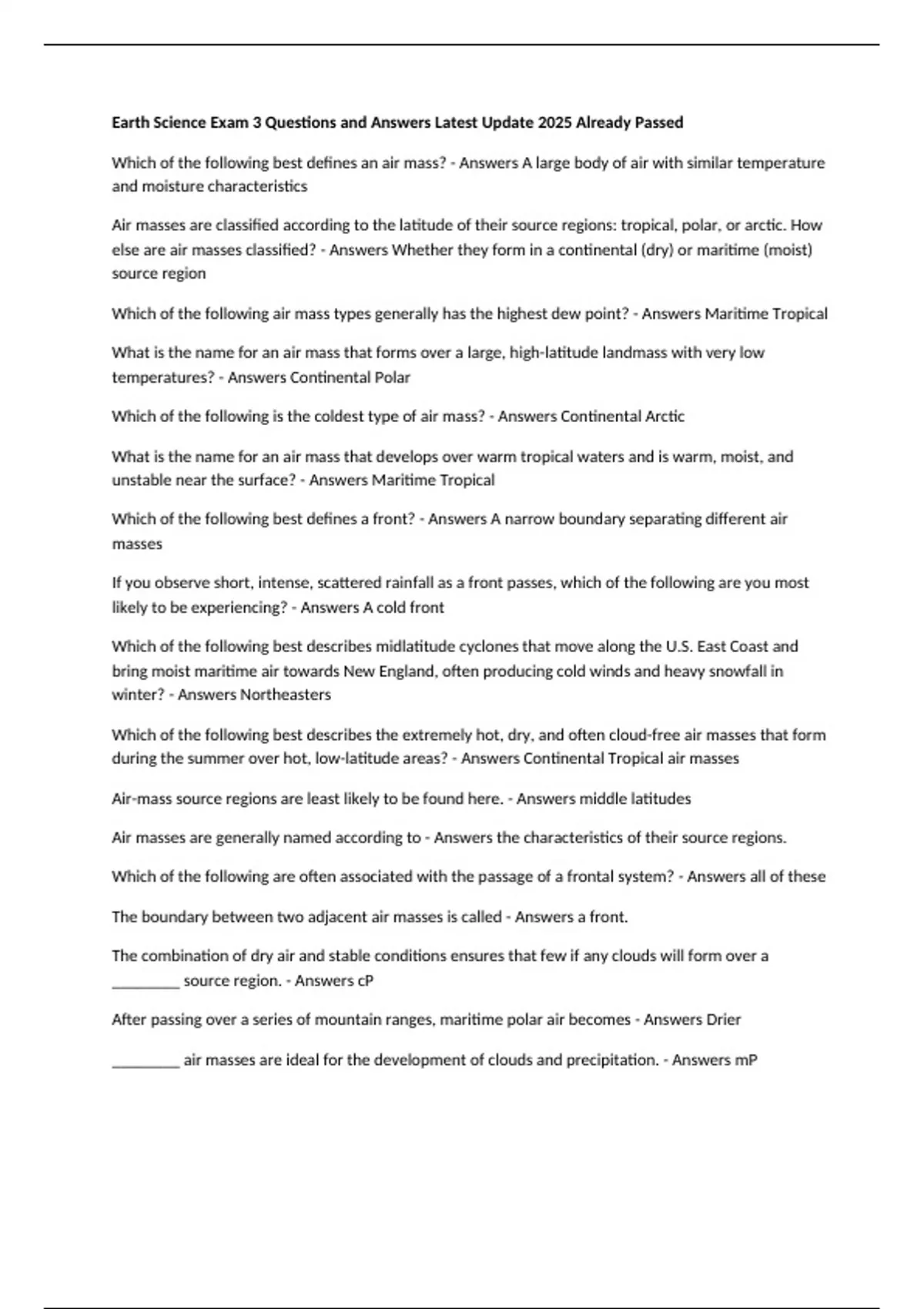 Earth Science Exam 3 Questions and Answers Latest Update 2025 Already ...