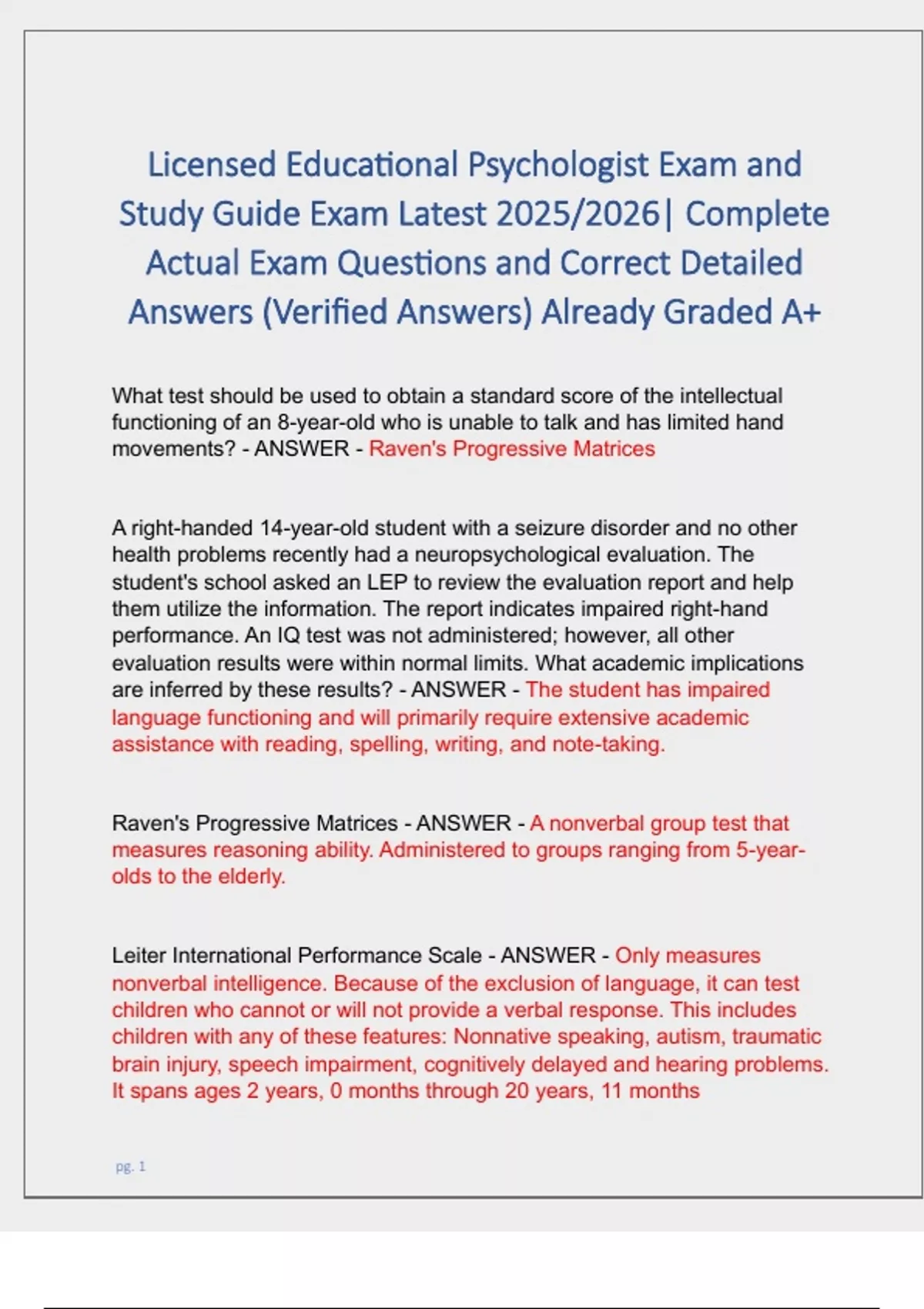 Licensed Educational Psychologist Exam and Study Guide Exam Latest 2025 ...