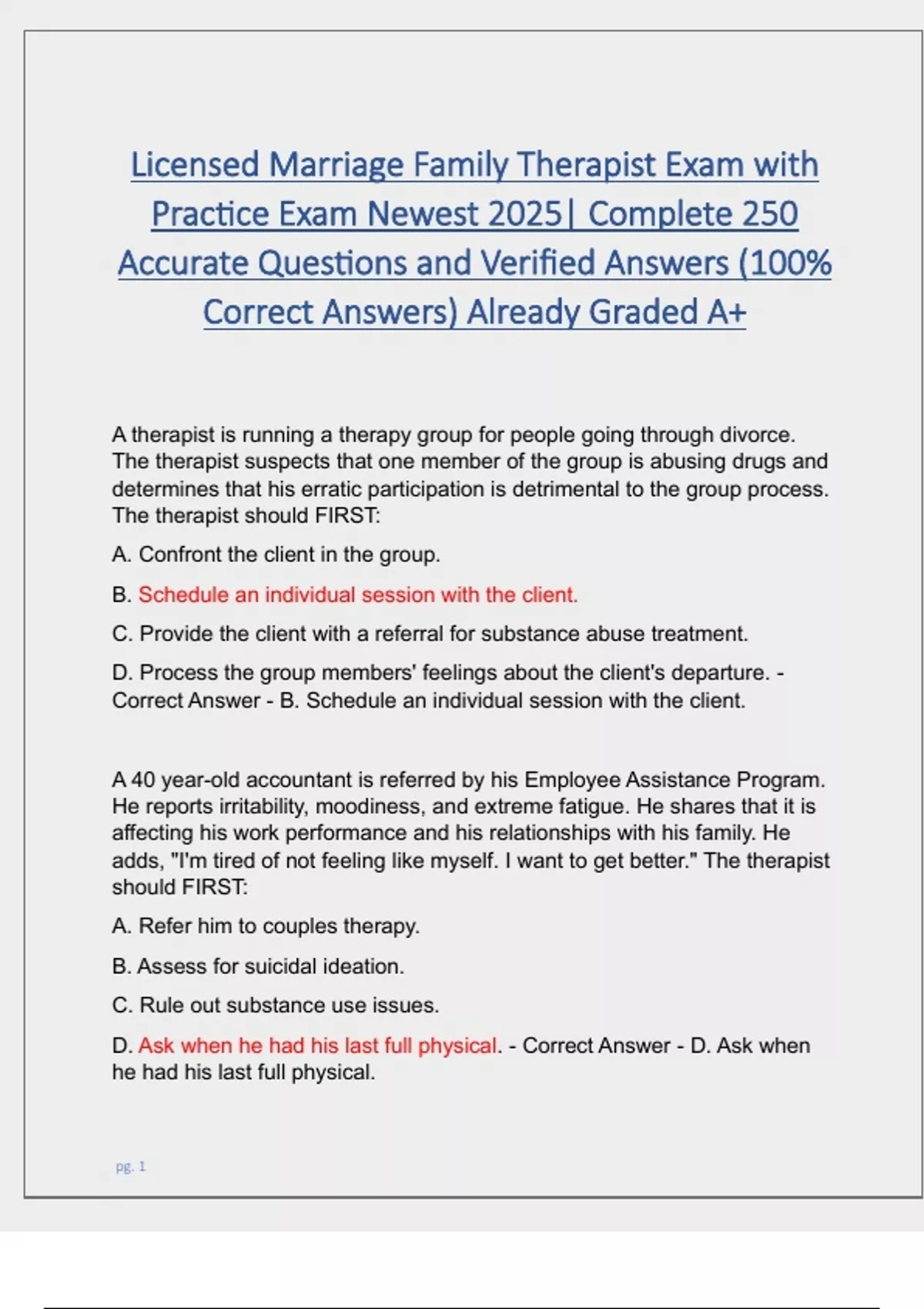 Licensed Marriage Family Therapist Exam with Practice Exam Newest 2025 ...
