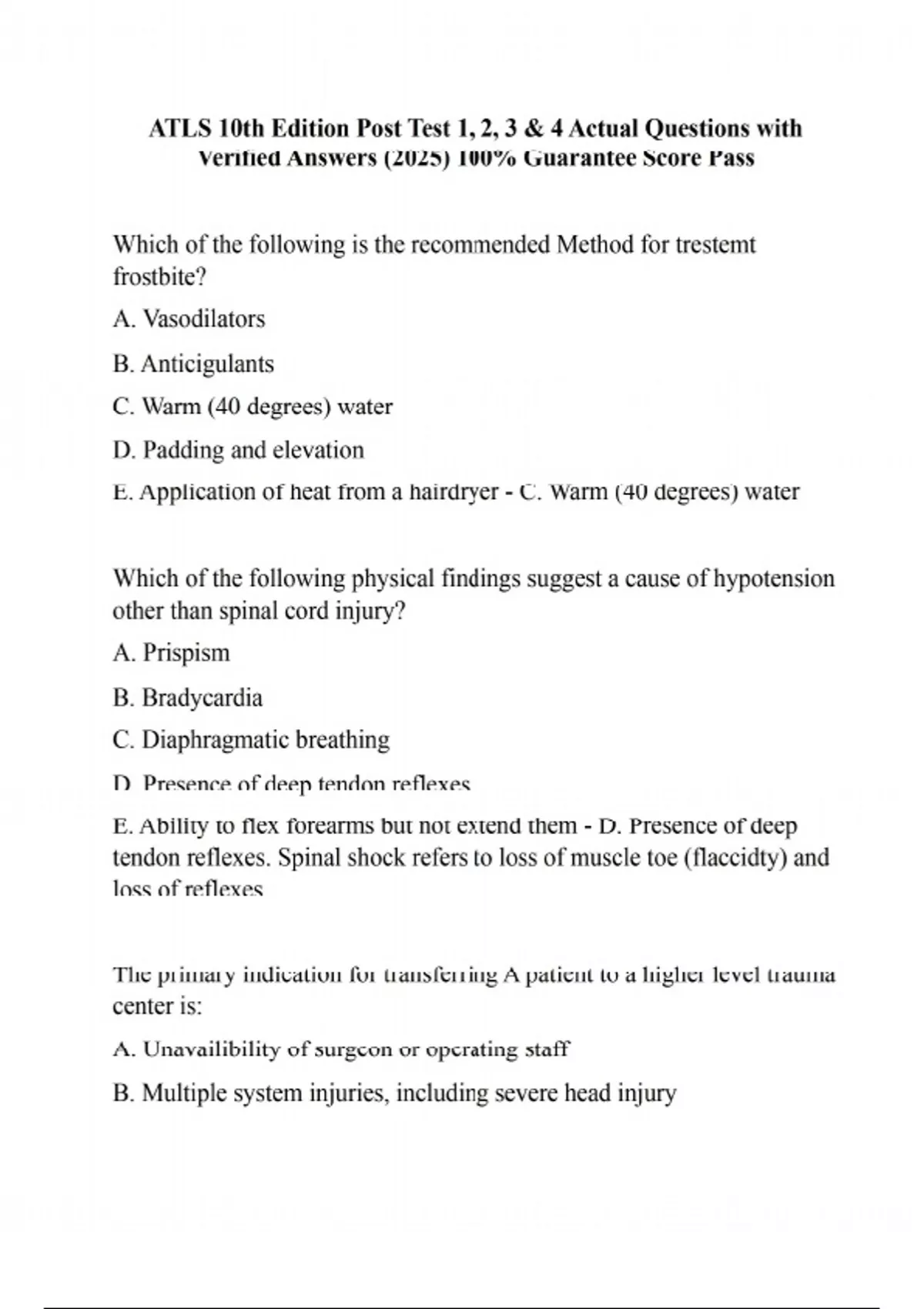 ATLS 10th Edition Post Test 1, 2, 3 & 4 Actual Questions with Verified ...