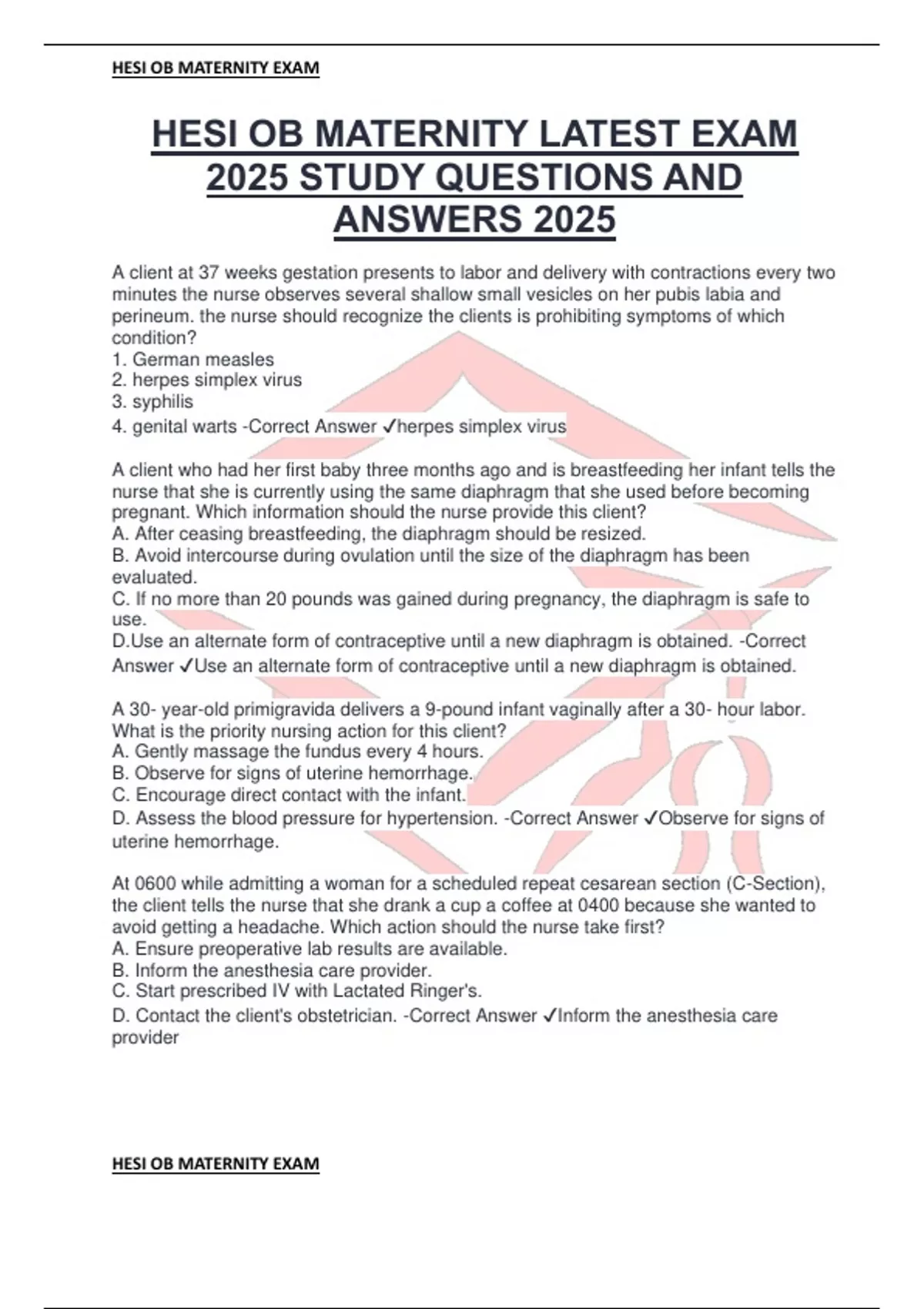 HESI OB MATERNITY LATEST EXAM 2025 STUDY QUESTIONS AND ANSWERS 2025 ...