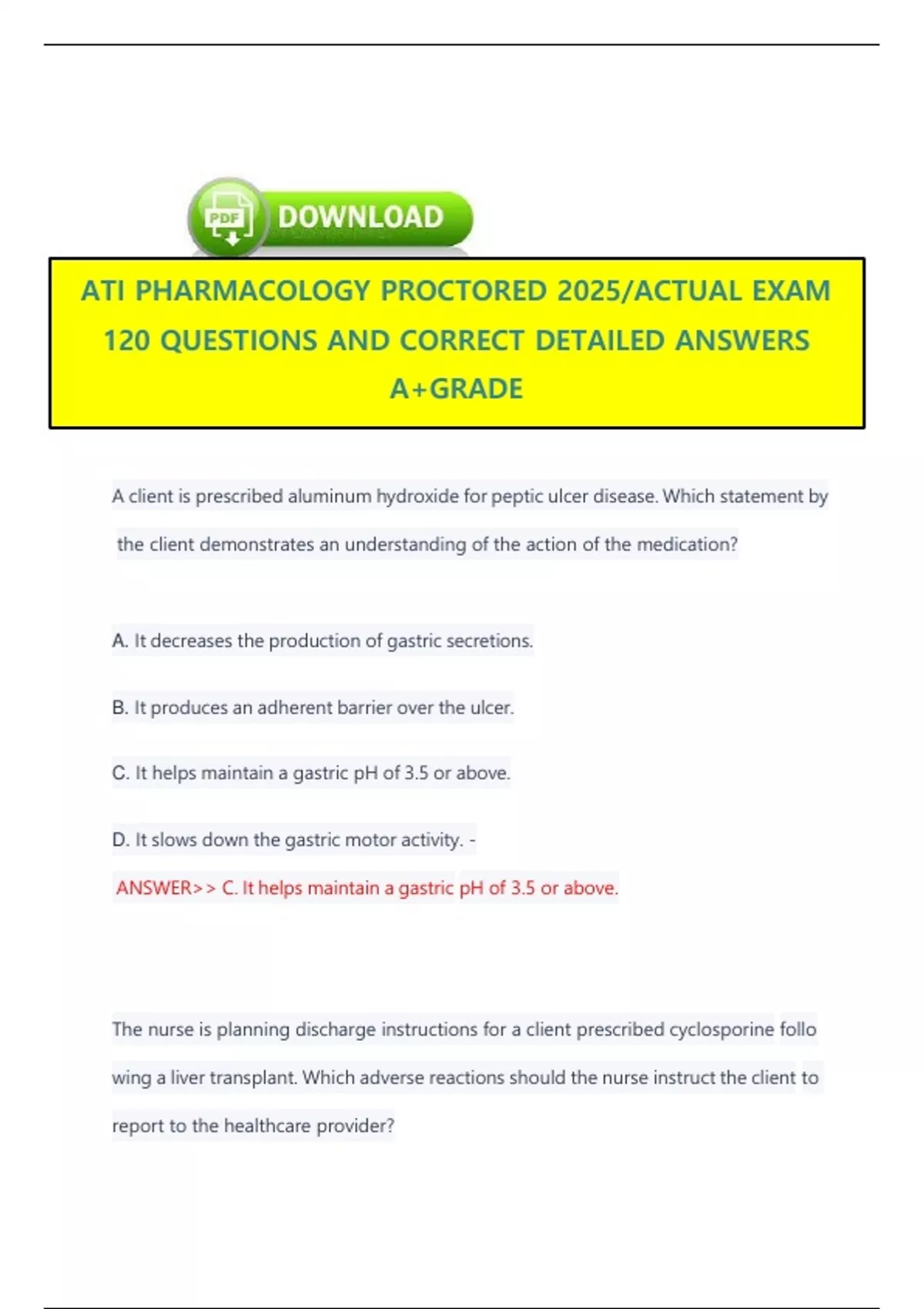 ATI PHARMACOLOGY PROCTORED 2025/ACTUAL EXAM 120 QUESTIONS AND CORRECT ...