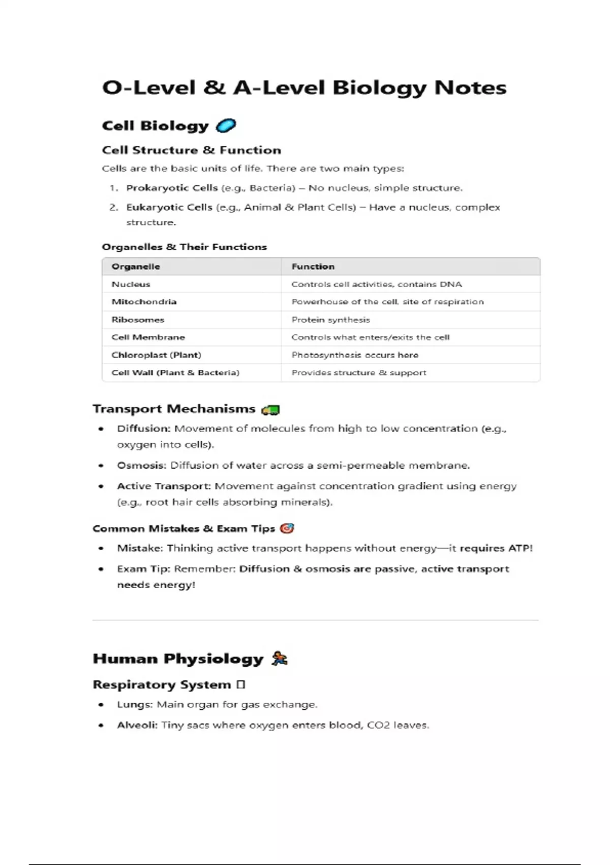 Summary DETAILED O Level/A Level Biology Notes: Cell, Human Physiology ...