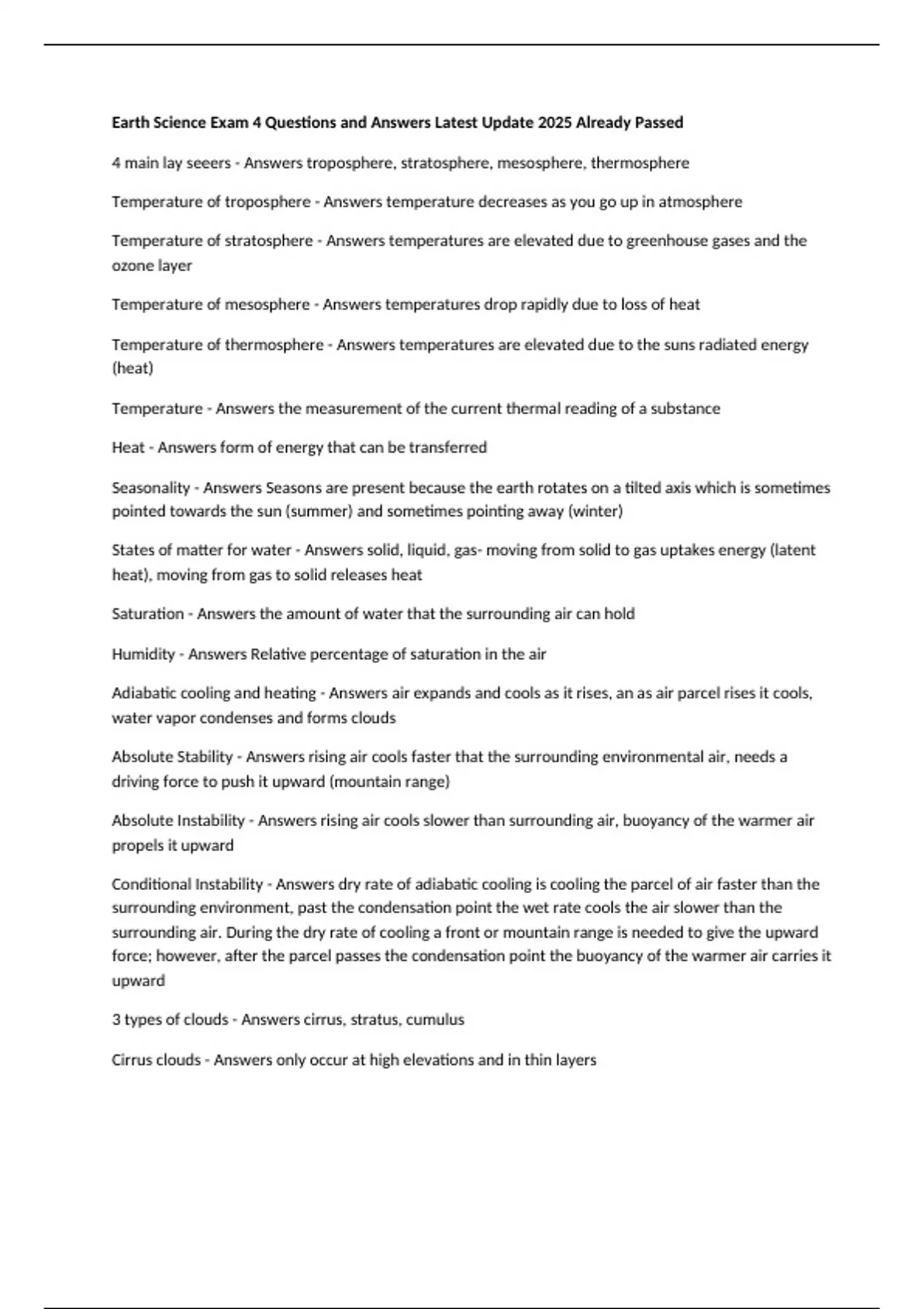 Earth Science Exam 4 Questions and Answers Latest Update 2025 Already ...