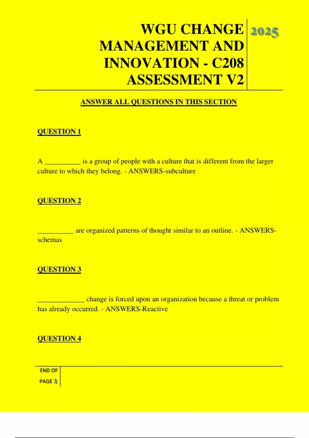 WGU CHANGE MANAGEMENT AND INNOVATION - C208 ASSESSMENT V2 QUESTIONS AND ...