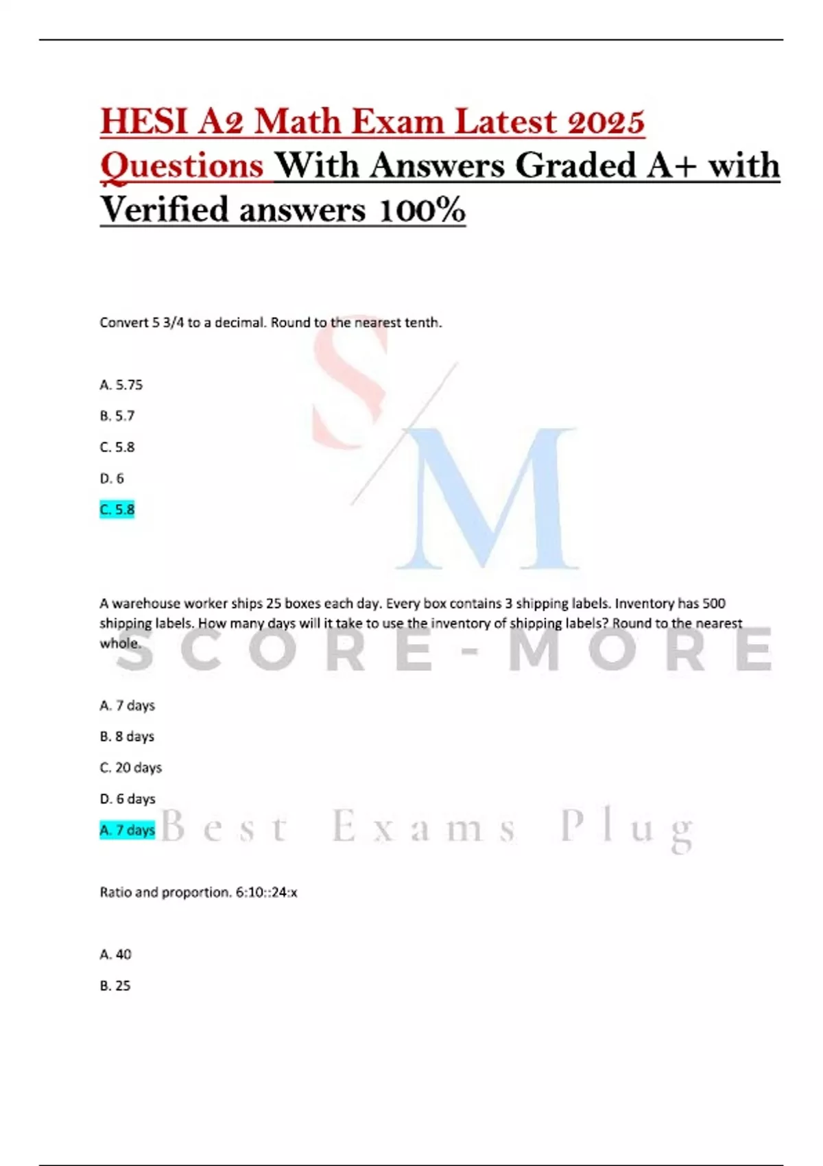 HESI A2 Math Exam Latest 2025 Questions With Answers Graded A+ with ...