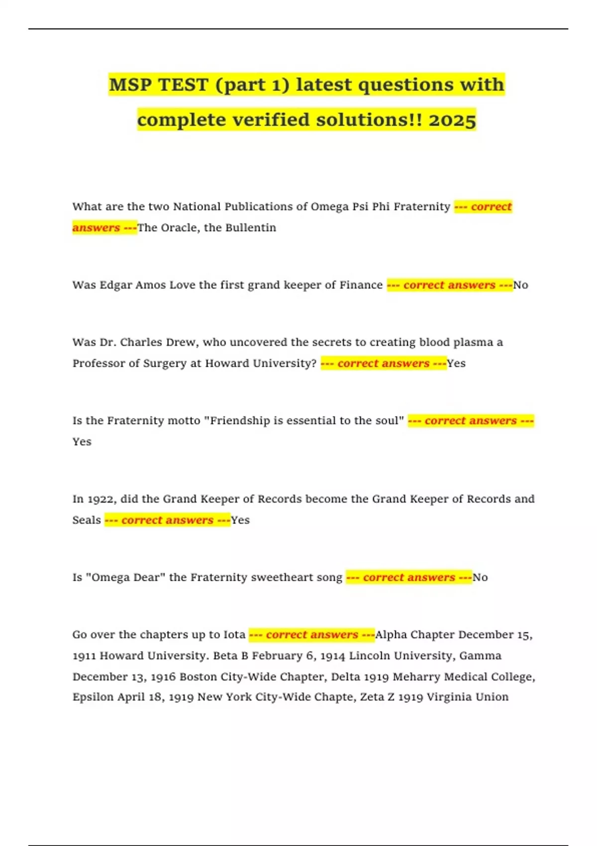 MSP TEST (part 1) latest questions with complete verified solutions ...