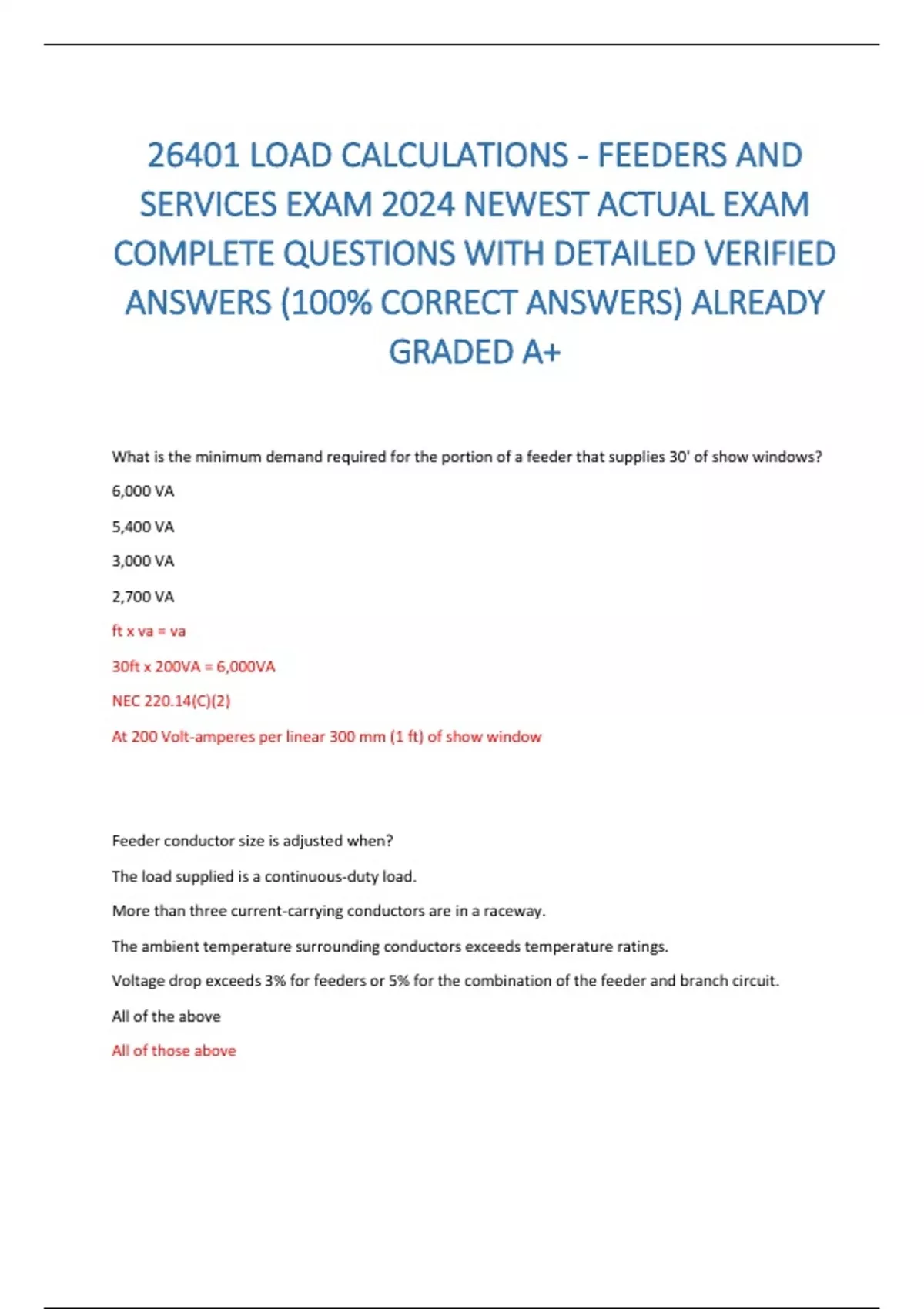 26401 LOAD CALCULATIONS - FEEDERS AND SERVICES EXAM 2025 NEWEST ACTUAL ...