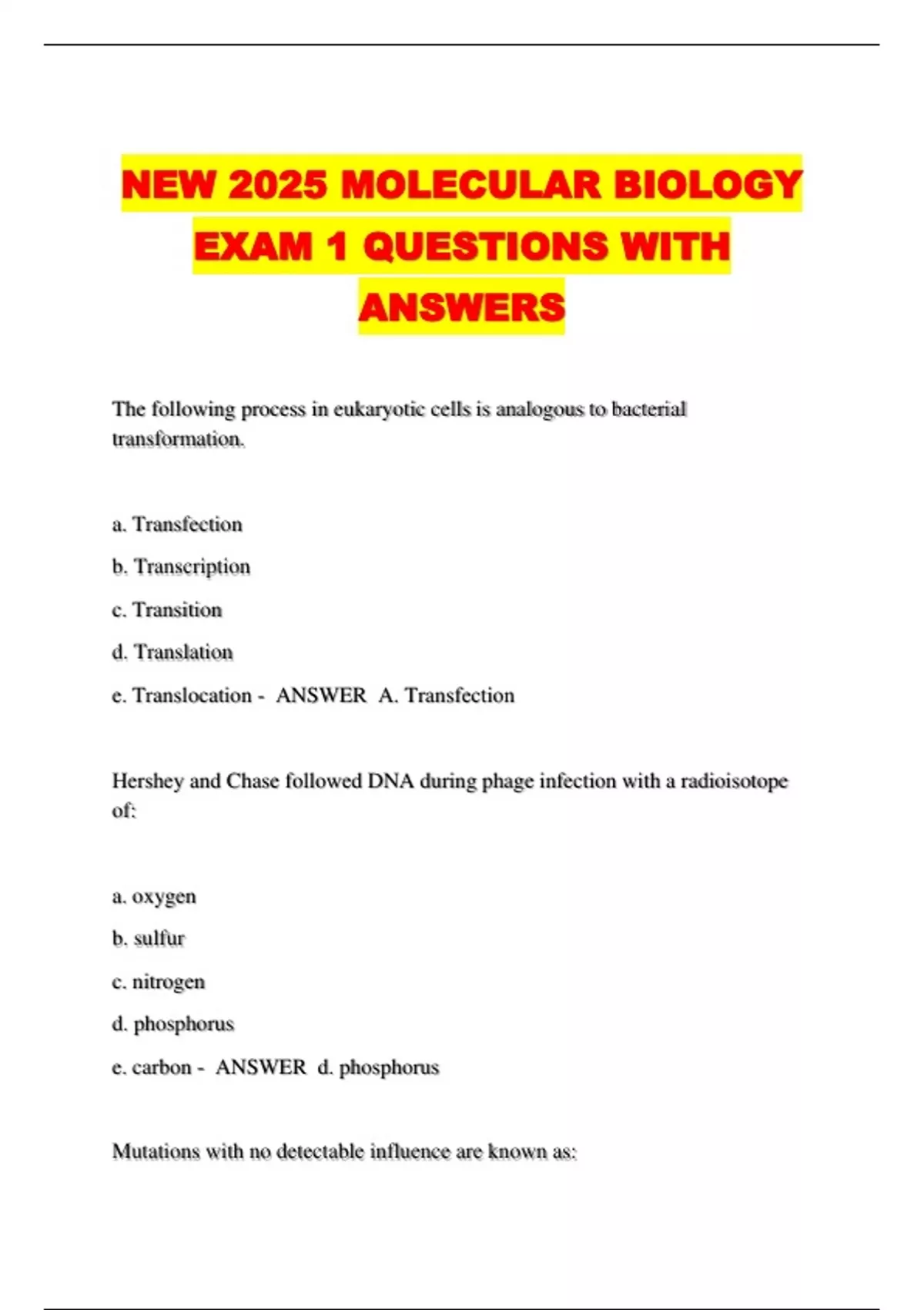 NEW 2025 MOLECULAR BIOLOGY EXAM 1 QUESTIONS WITH ANSWERS - MOLECULAR ...