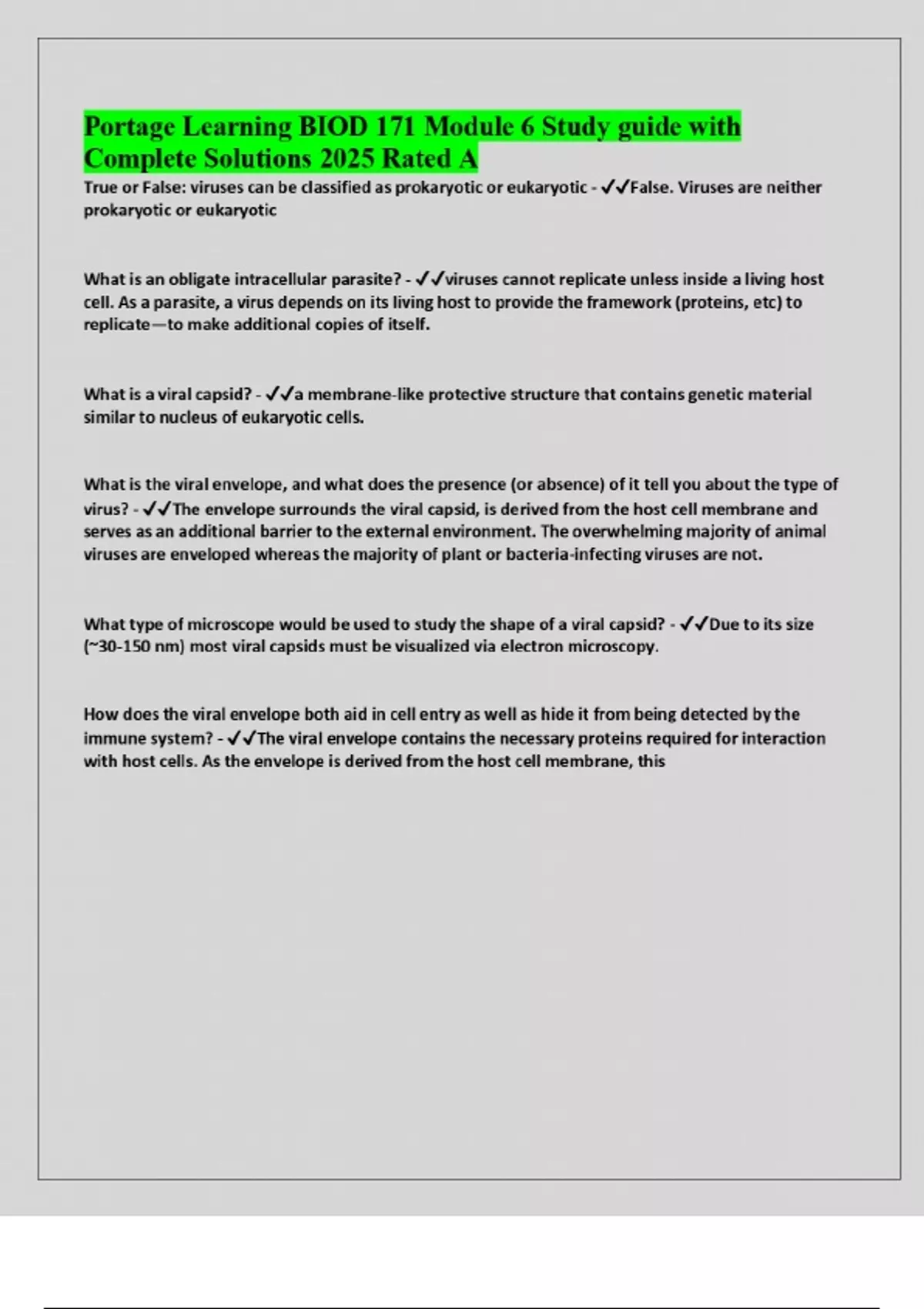 Portage Learning BIOD 171 Module 6 Study guide with Complete Solutions ...