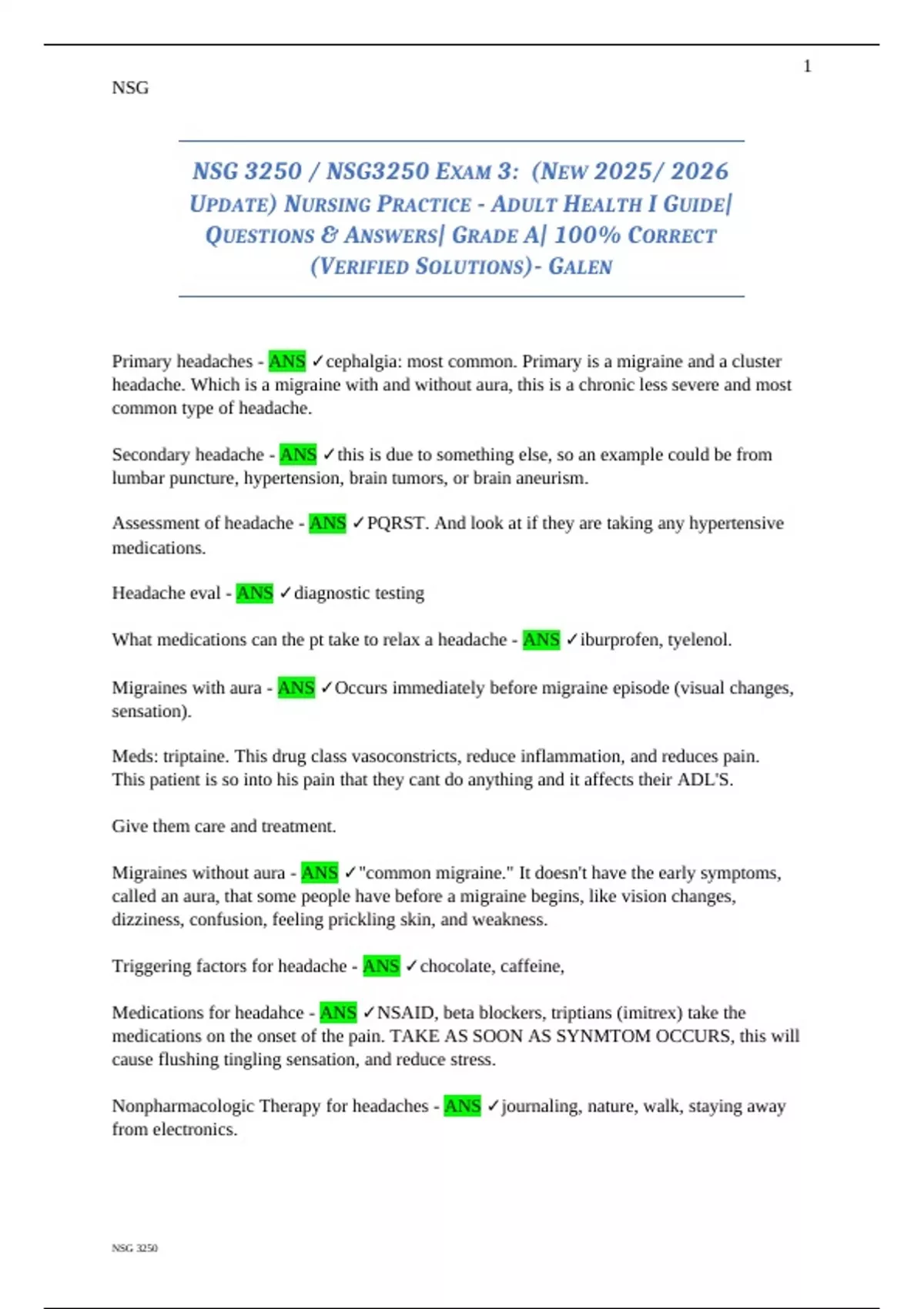 NSG 3250 Exam 3 – Nursing Practice: Adult Health I (Galen College, 2025 ...