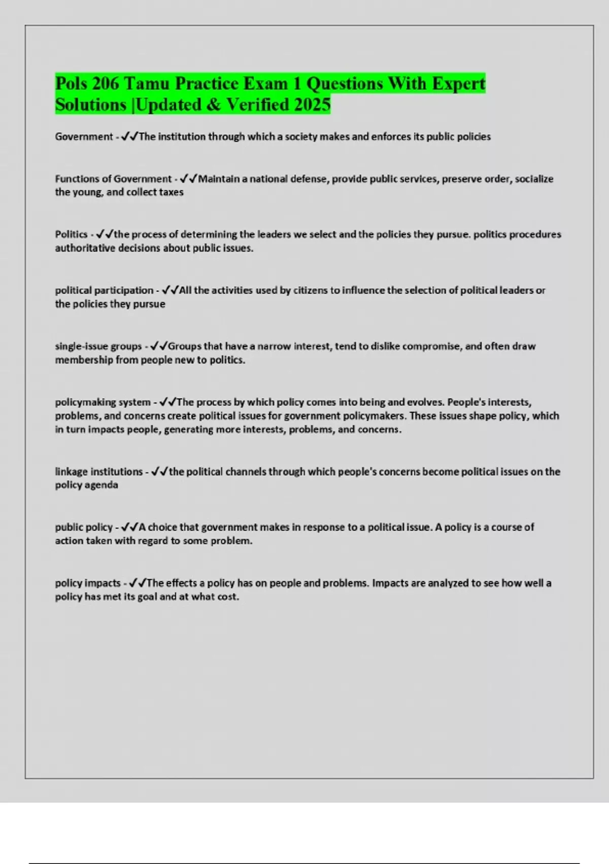 Pols 206 Tamu Practice Exam 1 Questions With Expert Solutions |Updated & Verified 2025 - Pols ...
