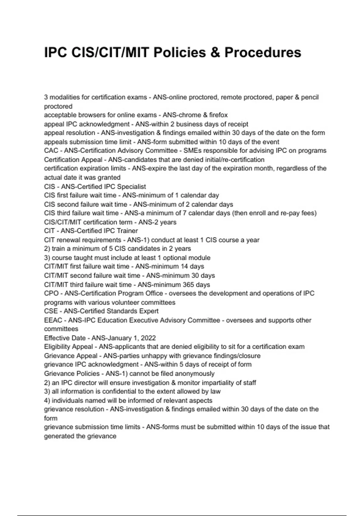 IPC CIS/CIT/MIT Policies & Procedures NEWEST 2025/2026 ACTUAL EXAM ...