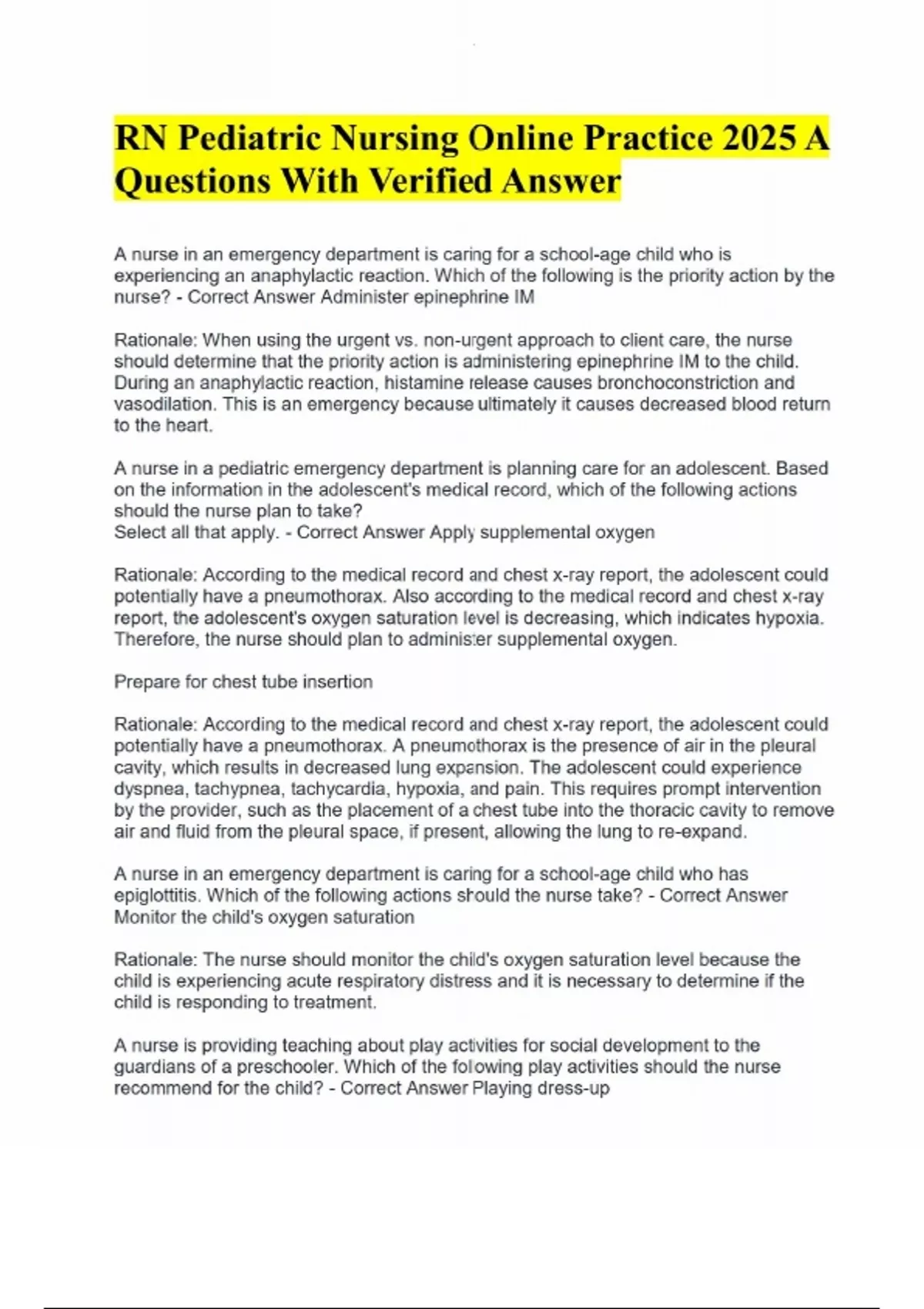 RN Pediatric Nursing Online Practice 2025 A Questions With Verified ...