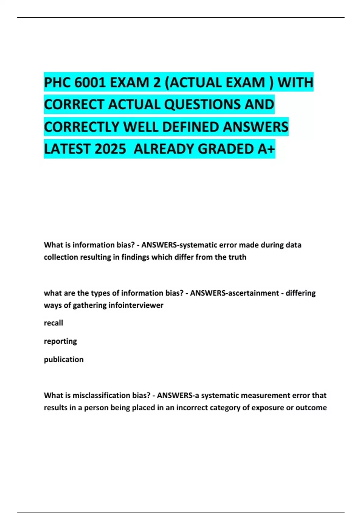 PHC 6001 EXAM 2 (ACTUAL EXAM ) WITH CORRECT ACTUAL QUESTIONS AND CORRECTLY WELL DEFINED ANSWERS ...