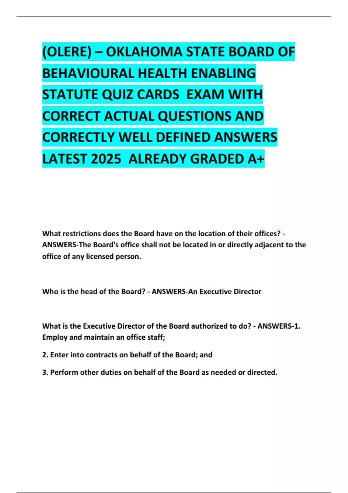 (OLERE) – OKLAHOMA STATE BOARD OF BEHAVIOURAL HEALTH ENABLING STATUTE QUIZ CARDS EXAM WITH ...