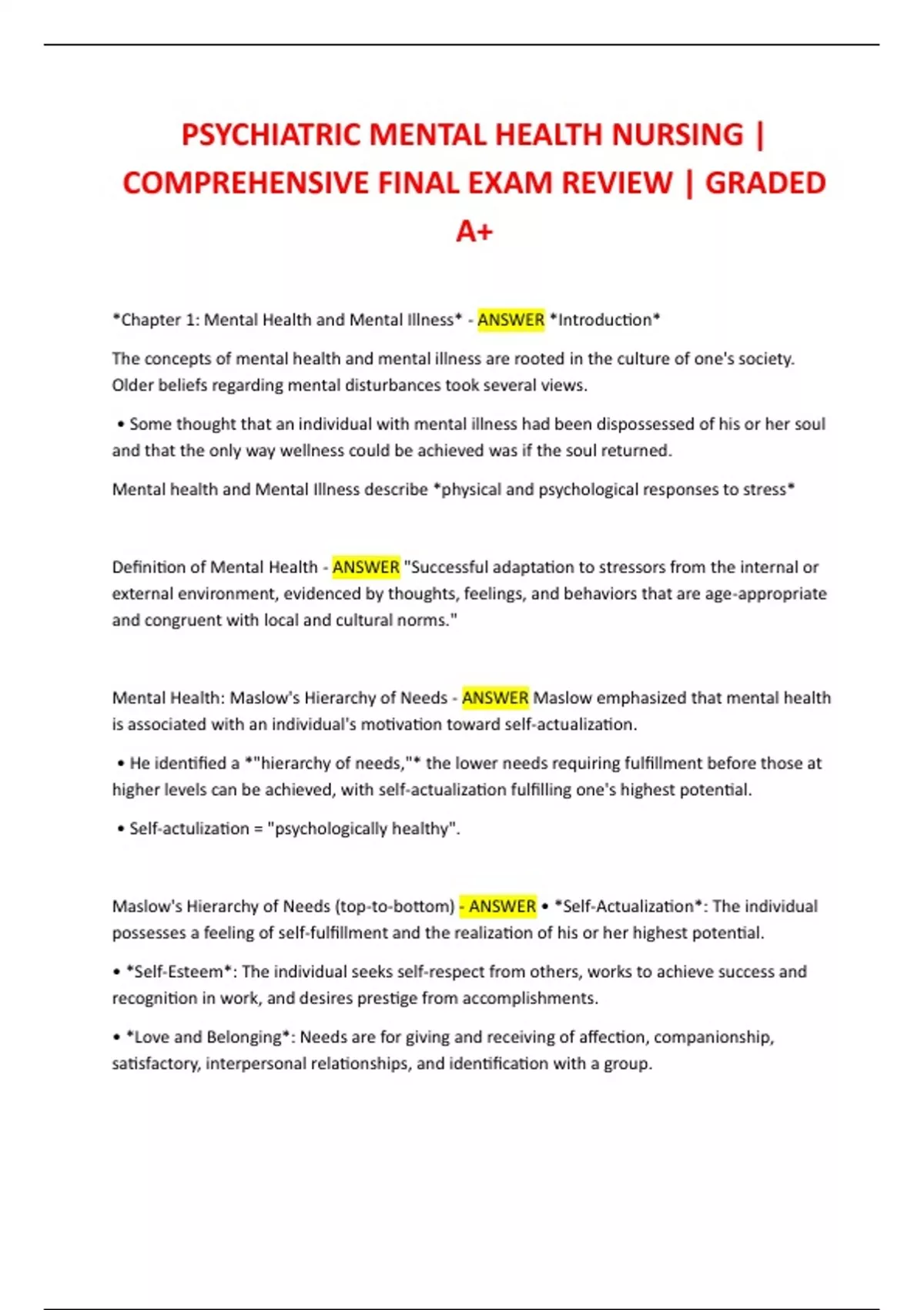 PSYCHIATRIC MENTAL HEALTH NURSING | COMPREHENSIVE FINAL EXAM REVIEW ...