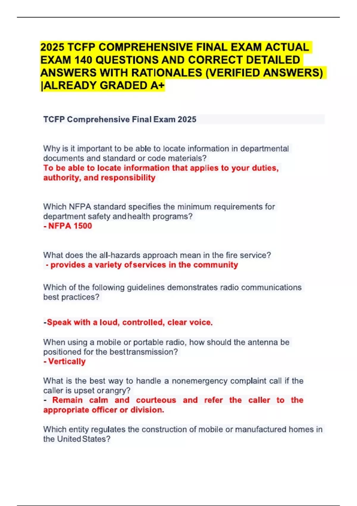 2025 TCFP COMPREHENSIVE FINAL EXAM ACTUAL EXAM 140 QUESTIONS AND CORRECT DETAILED ANSWERS WITH ...