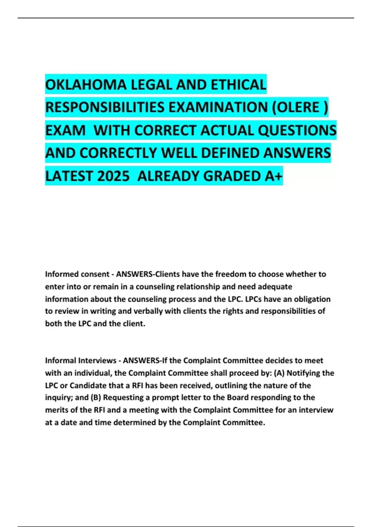 OKLAHOMA LEGAL AND ETHICAL RESPONSIBILITIES EXAMINATION (OLERE ) EXAM ...